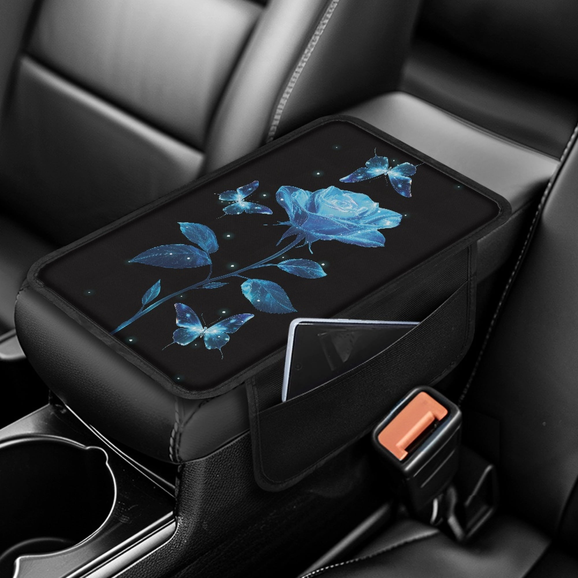 Yuyamidu Blue Rose Car Armrest Pad Cover Center Console Cover Butterfly Auto Center Console ...