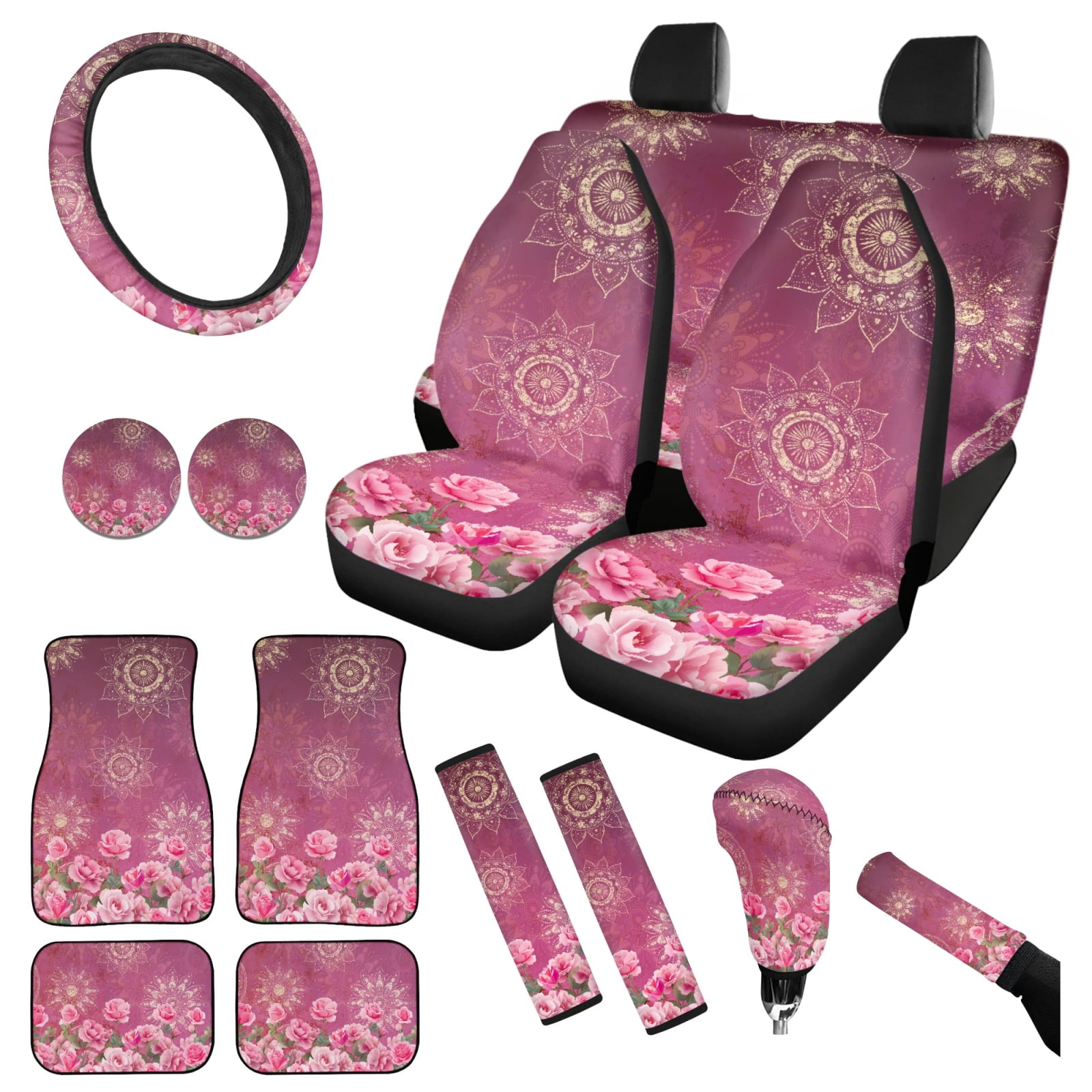 Yuyamidu Boho Flower Auto Seat Cover Set of 15 Pink Rose Car Floor Mats ...