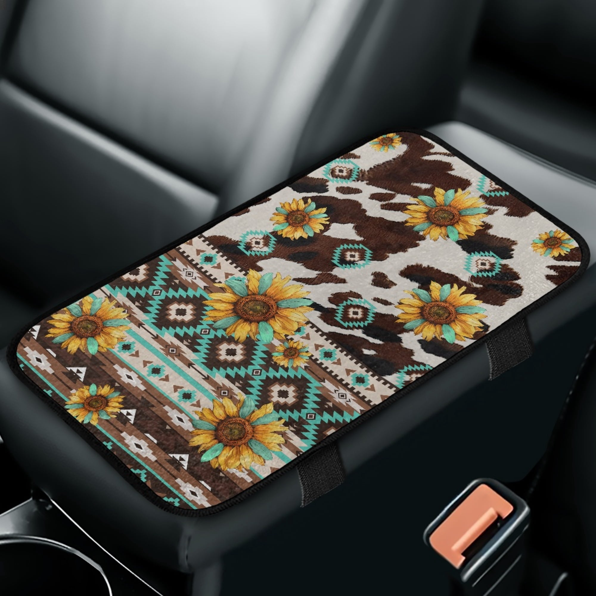 Yuyamidu Brown Cow Print Car Arm Rest Cover Pad Sunflower Auto Armrest ...