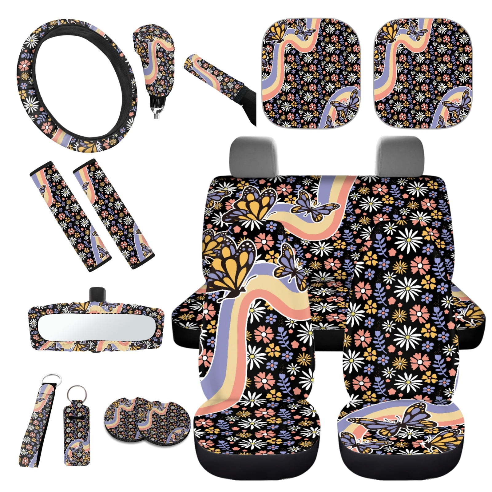 Yuyamidu Butterfly Car Seat Cover Full Set of 16 Hippie Flower ...