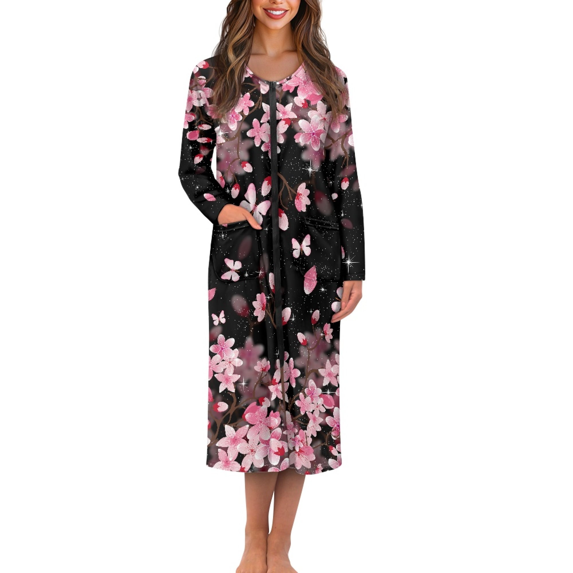 Yuyamidu Cherry Blossom Long Sleeve Robes for Women Pink Butterfly ...