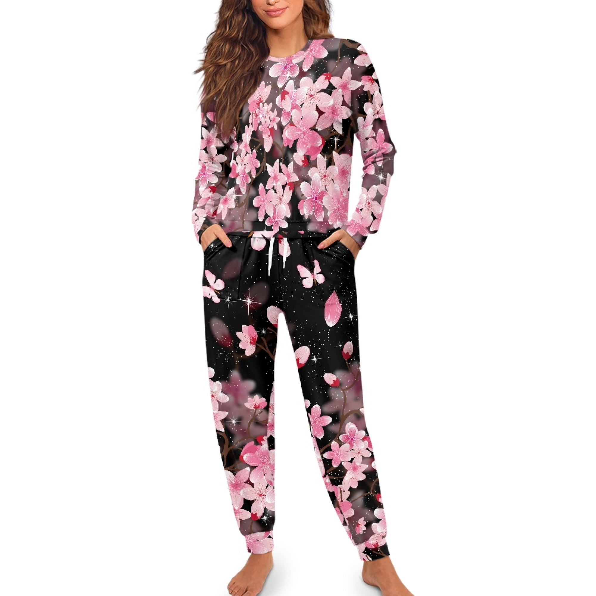 Yuyamidu Cherry Blossom Nightwear for Women Pajama Set Casual Round ...