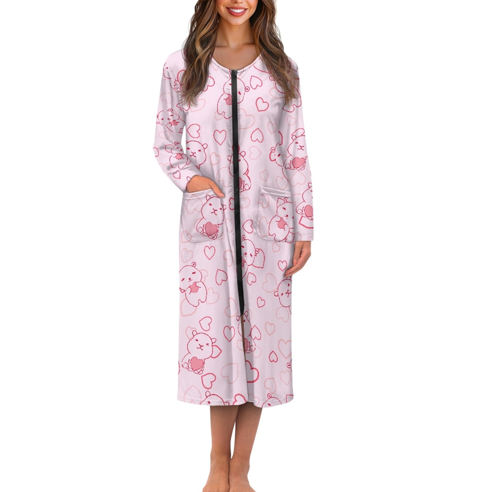 Yuyamidu Cute Capybara Long Sleeve Bathrobe for Women Heart Zipper Up ...