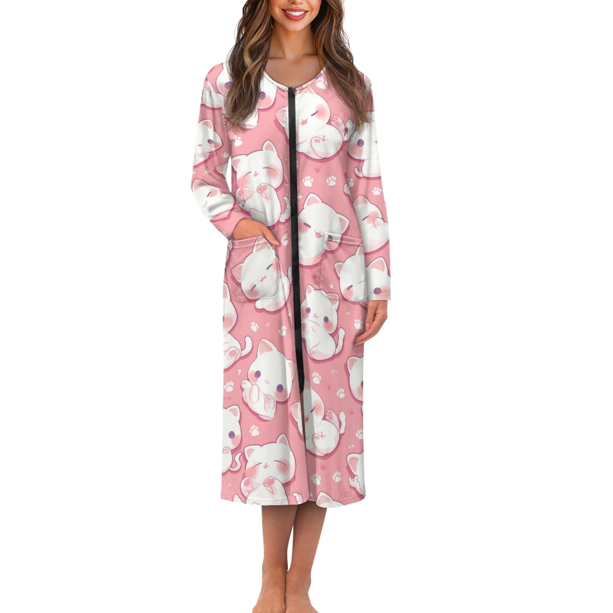 Yuyamidu Cute Cat Zipper Bathrobe for Women Lightweight Long Sleeve ...