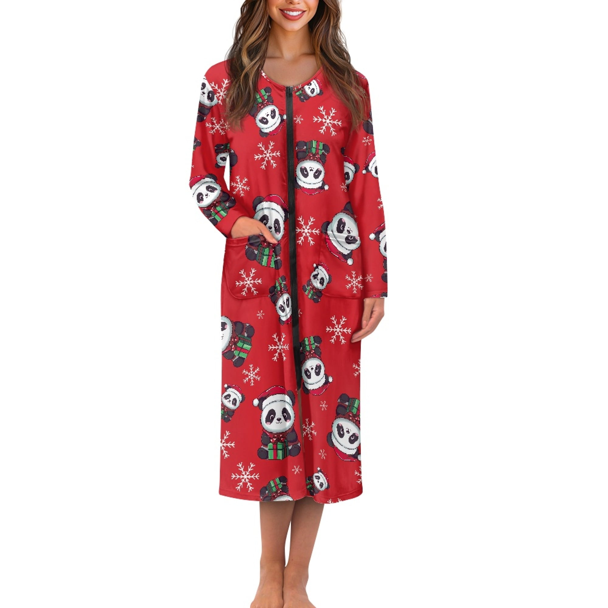 Yuyamidu Cute Panda Womens Zipper Robes with Pockets Red Christmas ...