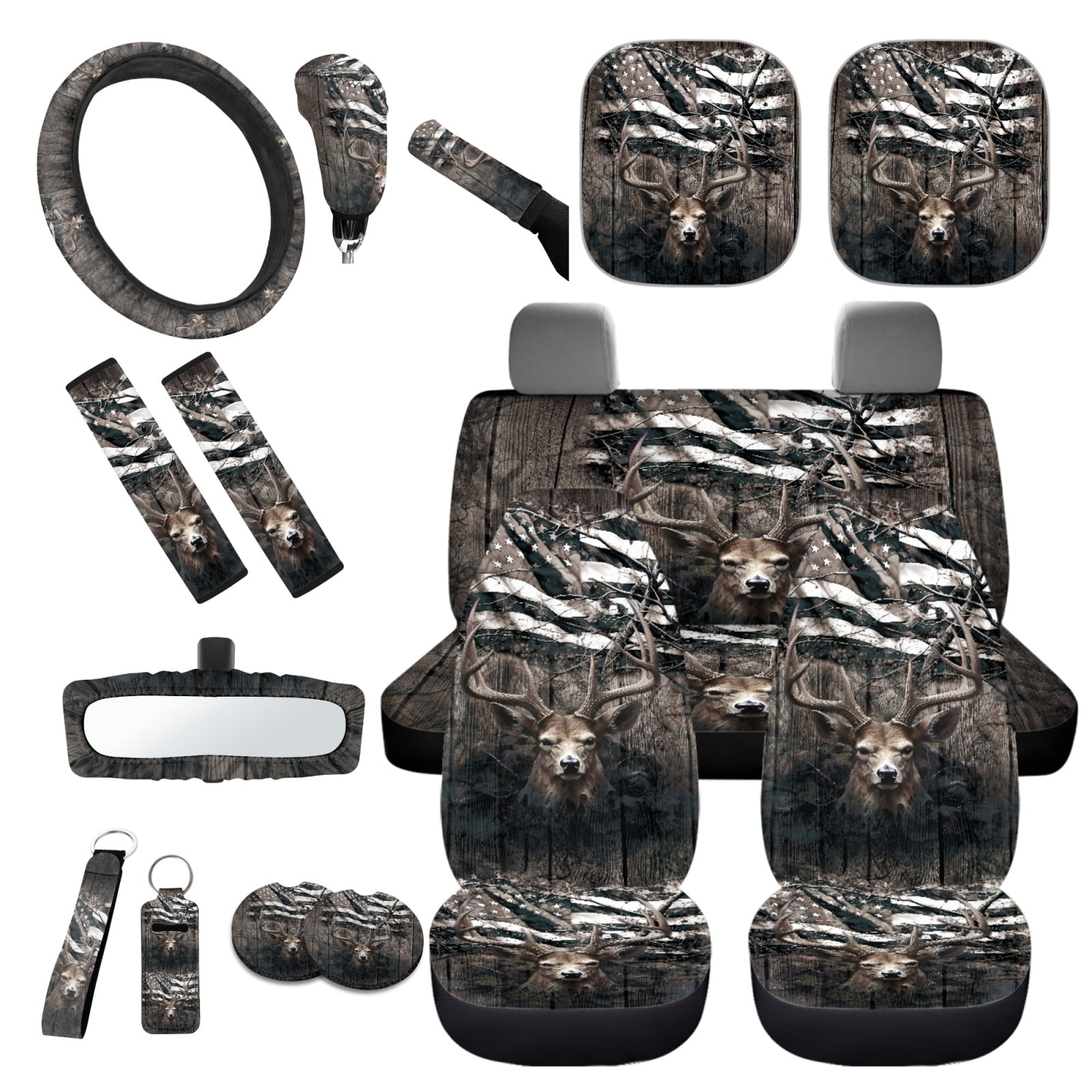 Yuyamidu Deer Car Seat Cover Set with Steering Wheel Cover Camo Hunting ...