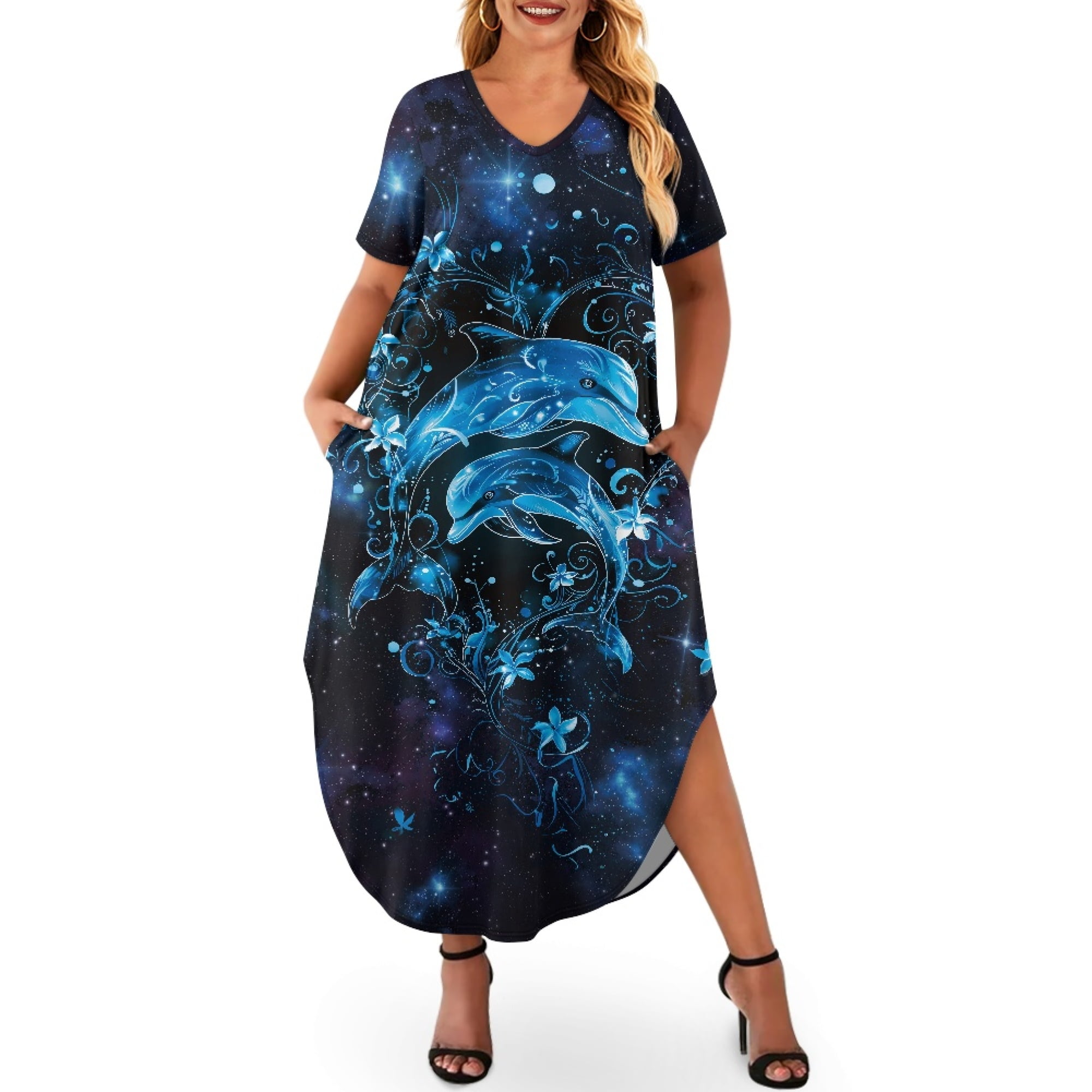 Yuyamidu Dolphin Long Plus Size Dresses for Curvy Women Sexy V Neck Dress Maxi Dress Blue Flower ...