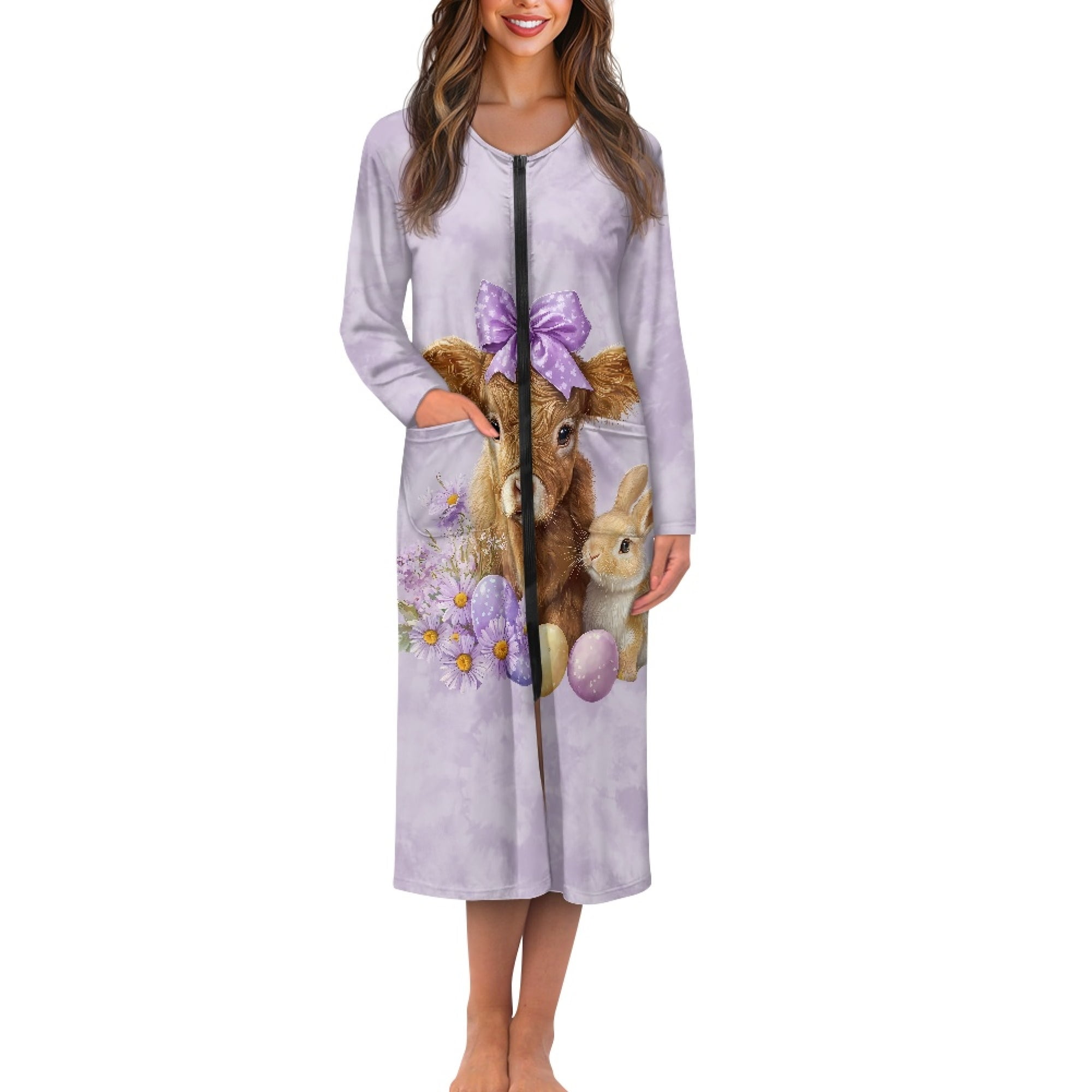 Yuyamidu Easter Egg Long Sleeve Robe for Women Rabbit Round Neck Robes ...