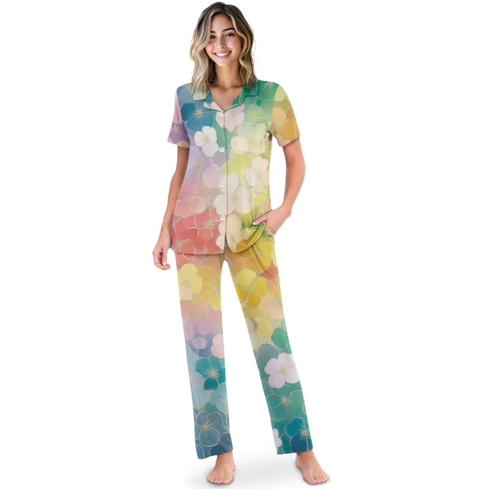 Yuyamidu Flower Lounge Sets for Women Button Down PJs 2 Piece Soft ...