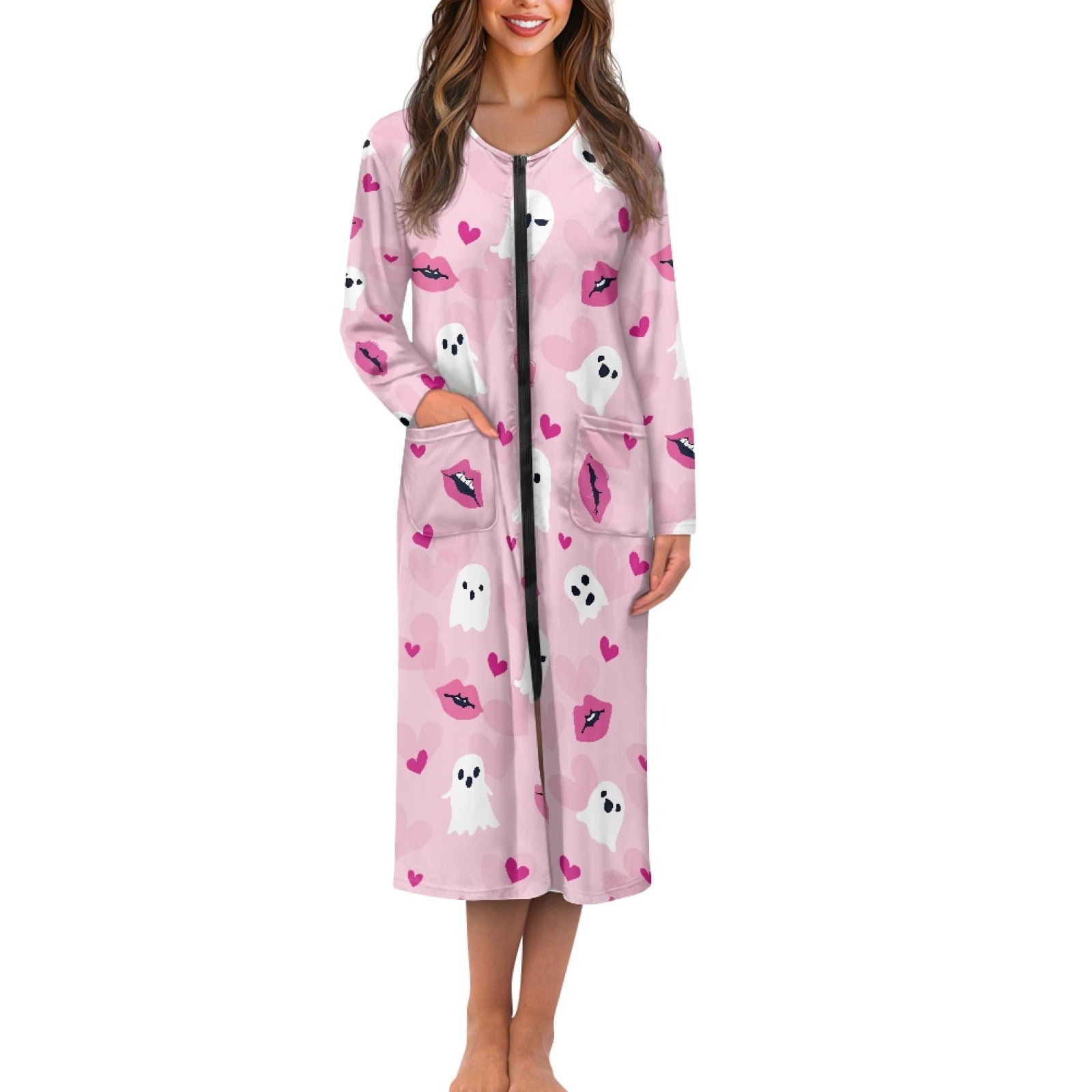 Yuyamidu Ghost Long Sleeve Zipper Bathrobe for Women After Shower Pink ...