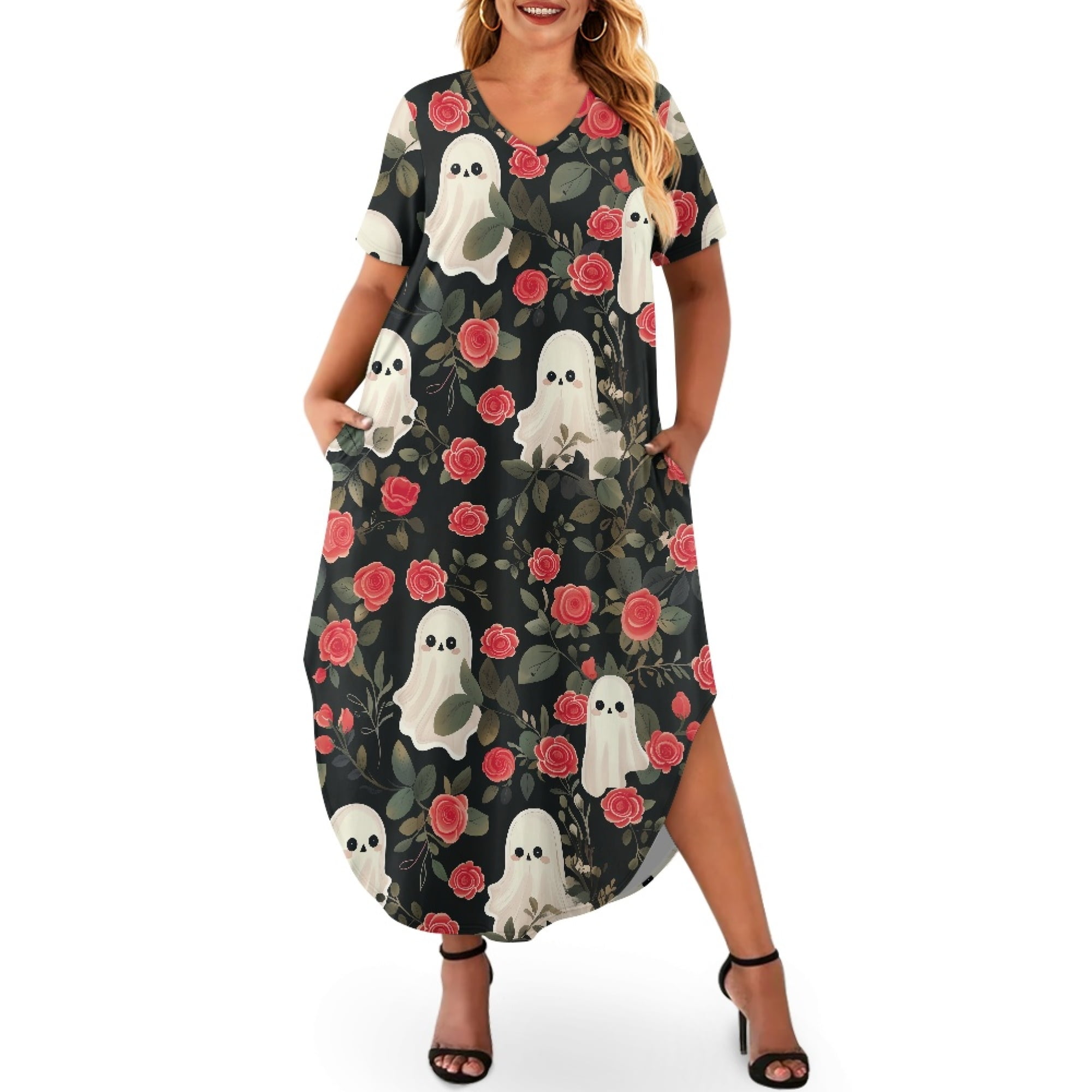 Yuyamidu Ghost Short Sleeve Dress for Women Plus Size 2XL Red Rose ...