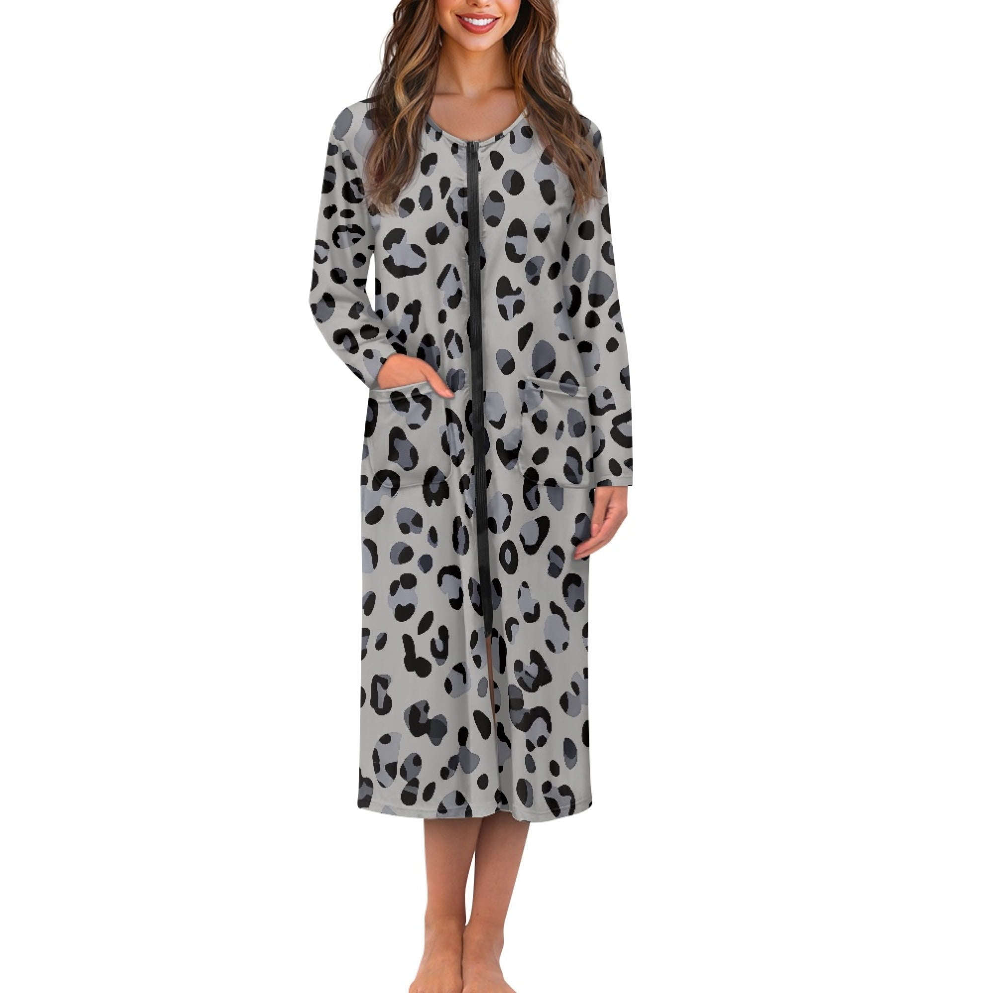 Yuyamidu Gray Leopard Print Women's Bathrobe Zipper Front Bath Robes ...
