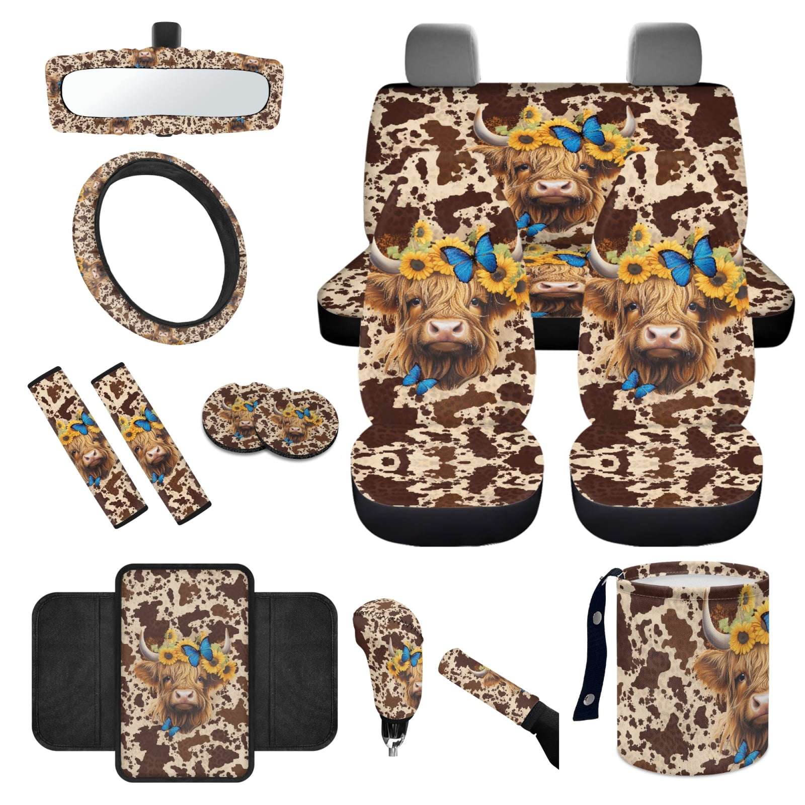 Yuyamidu Highland Cow Car Seat Cover Full Set of 14 Cow Print Car Seat ...