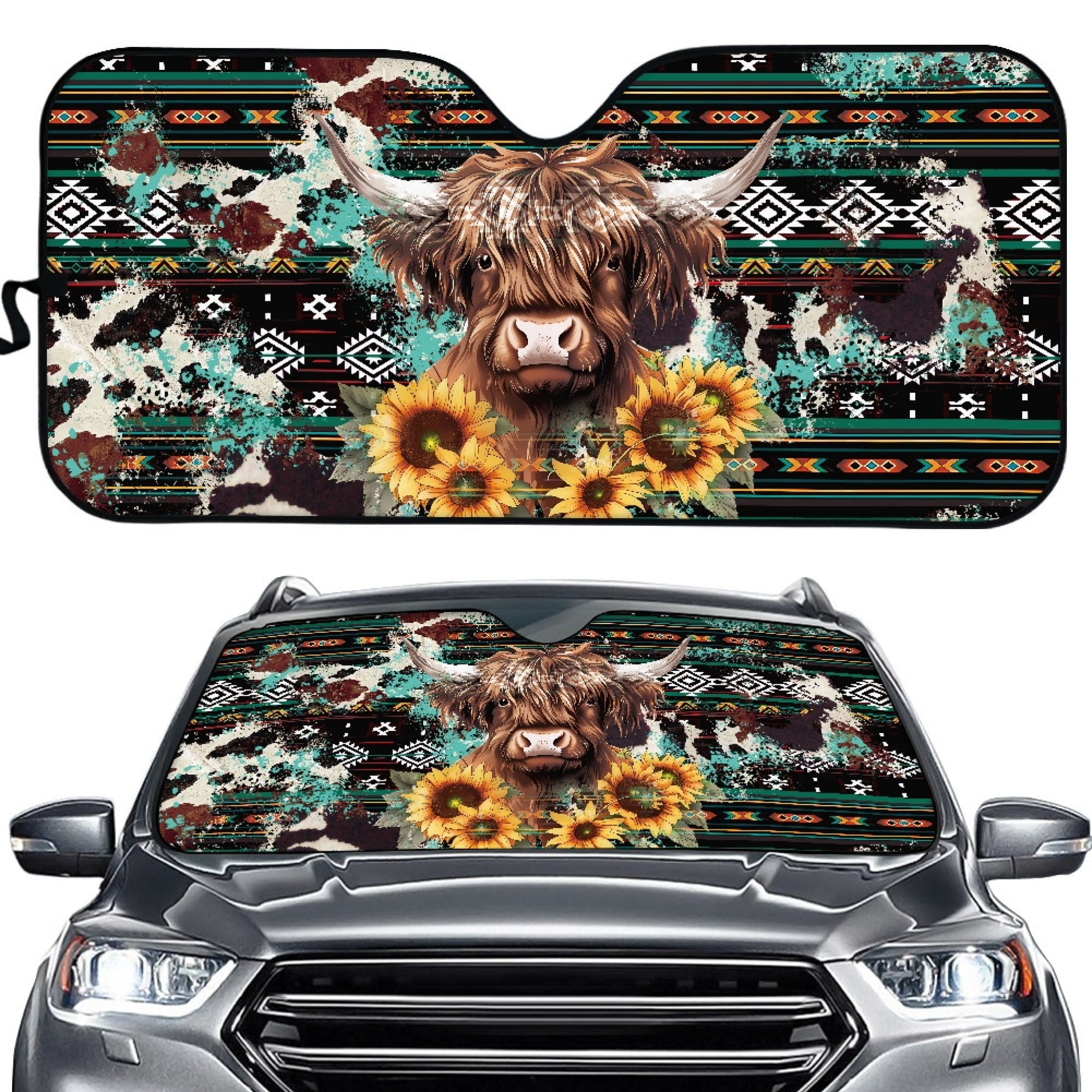 Yuyamidu Highland Cow Car Windshield Shade Aztec Car Sunshades for ...