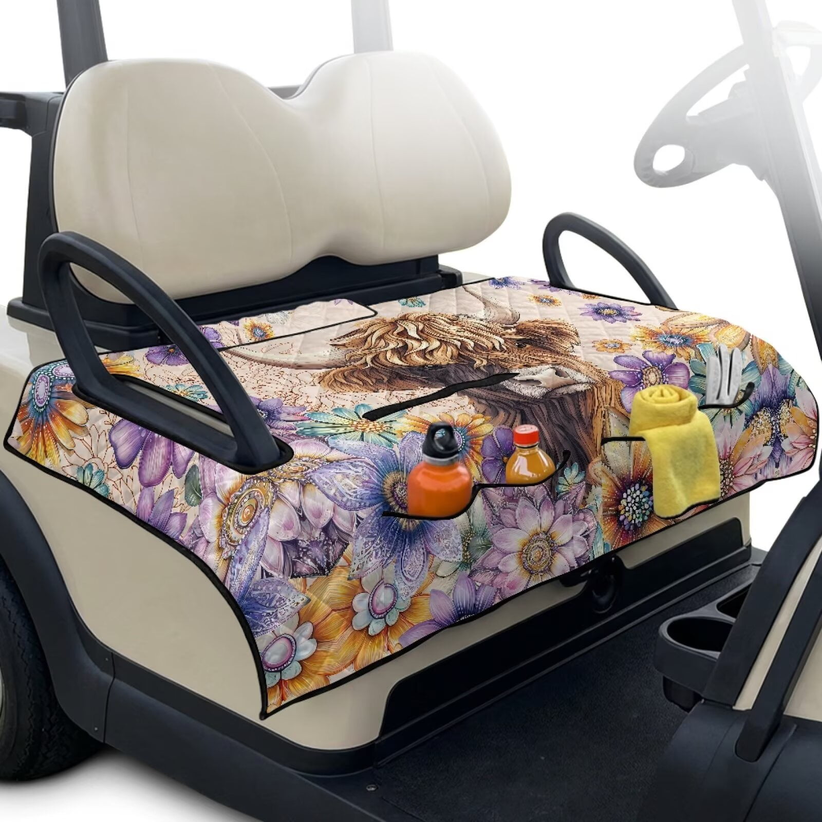 Yuyamidu Highland Cow Golf Cart Seat Cover with Pockets Boho Flowers ...