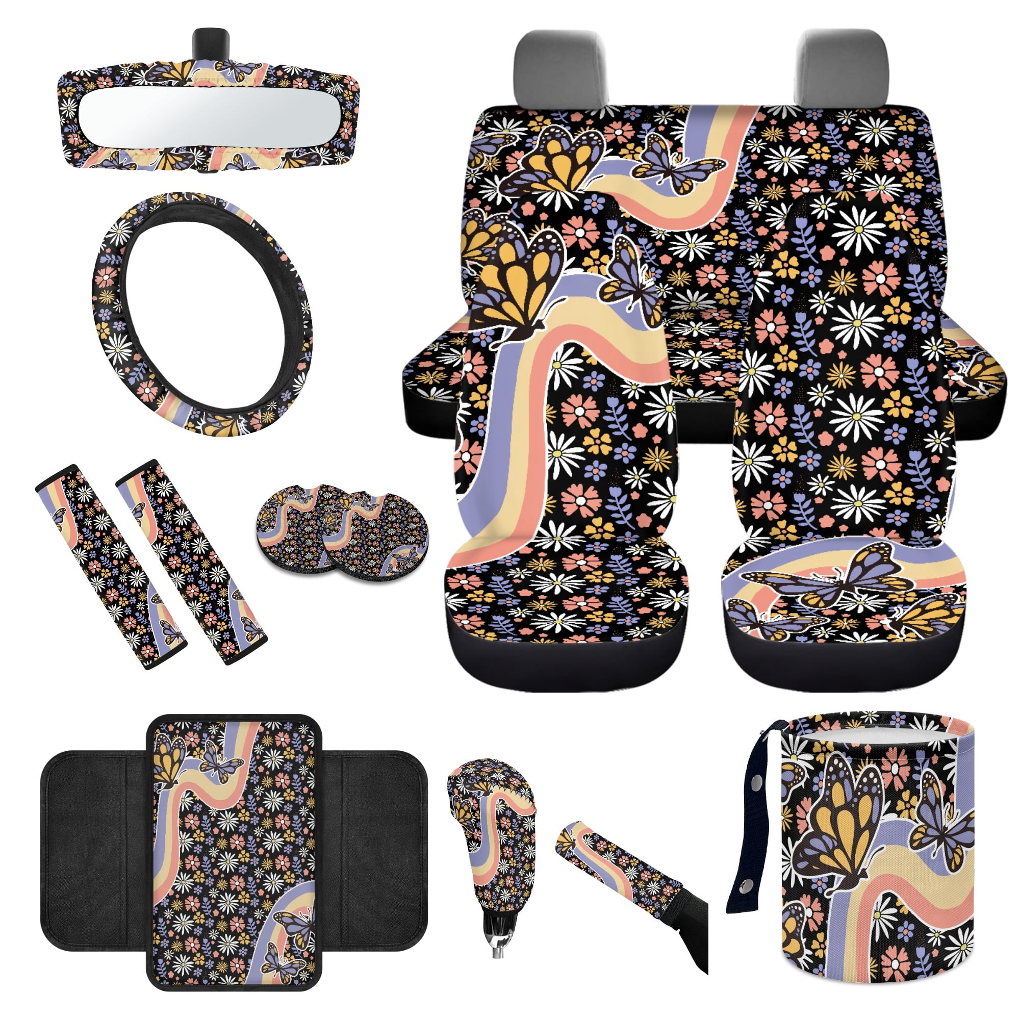 Yuyamidu Hippie Flower Car Seat Cover Set Butterfly Armrest Cover ...