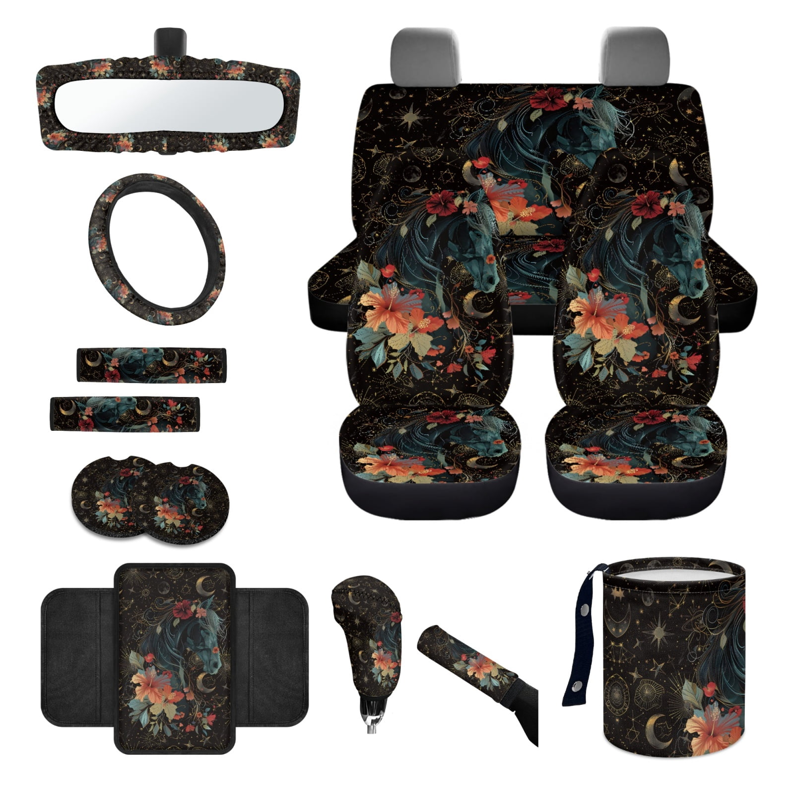 Yuyamidu Horse Car Seat Covers Full Set Flower Steering Wheel Cover ...