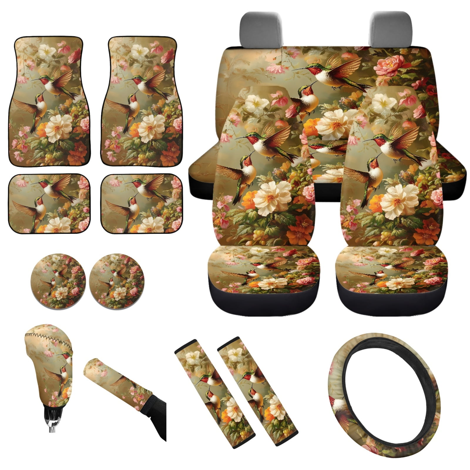 Yuyamidu Hummingbird Car Seat Cover Set Flower Car Floor Mats Steering ...