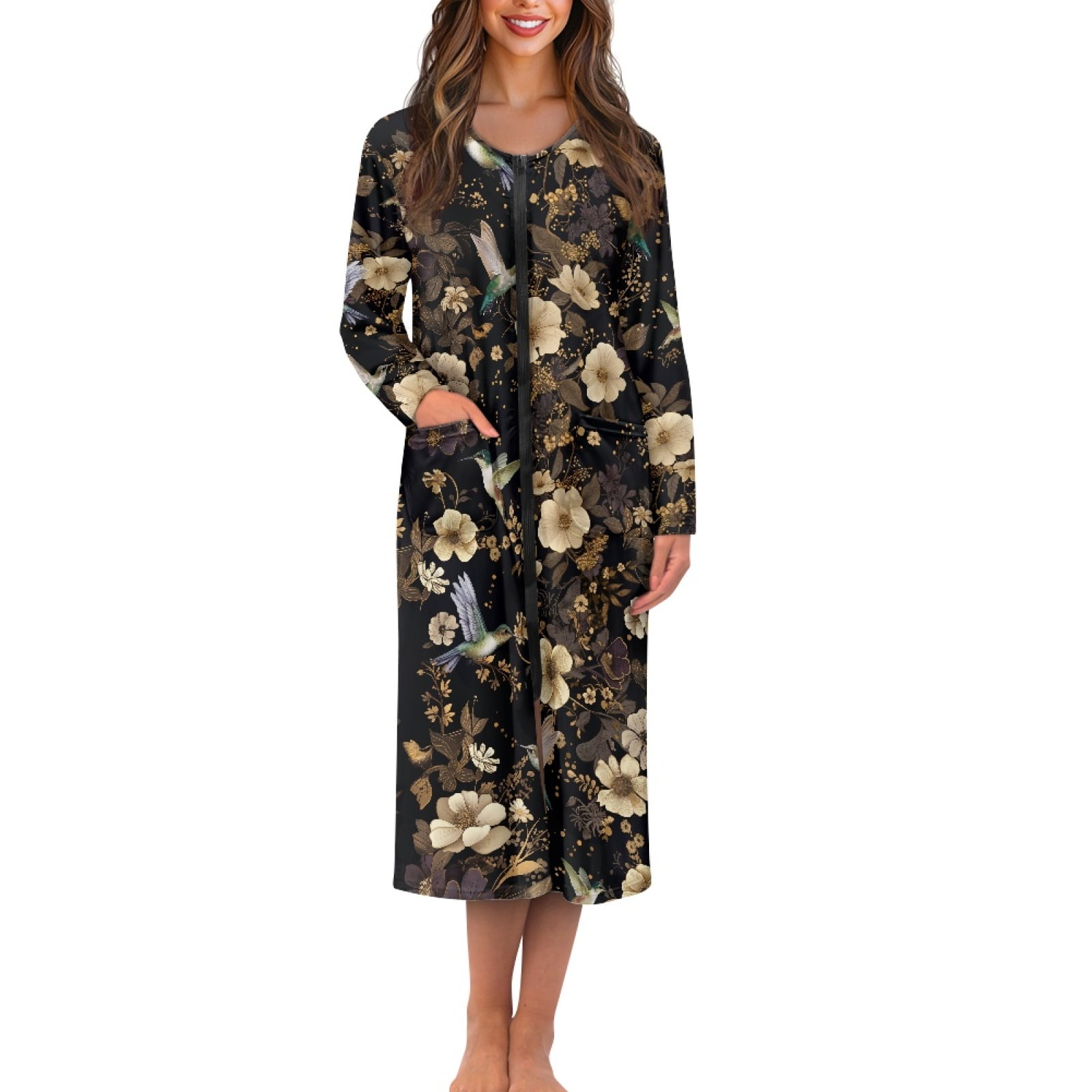 Yuyamidu Hummingbird Zipper Front Robes Women House Coat Flowers Long ...