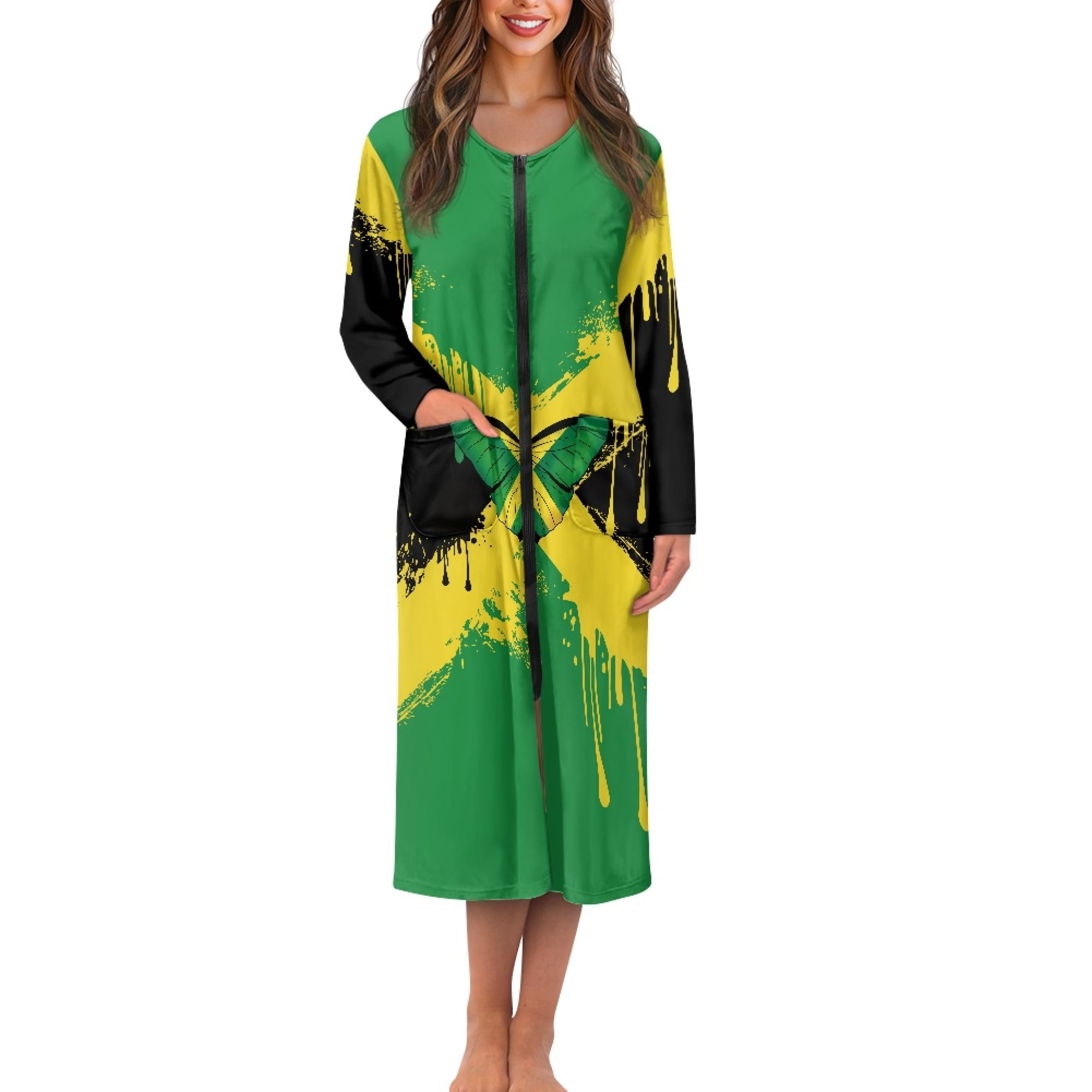 Yuyamidu Jamaican Flag Long Bathrobe for Women Butterfly Long Sleeve ...
