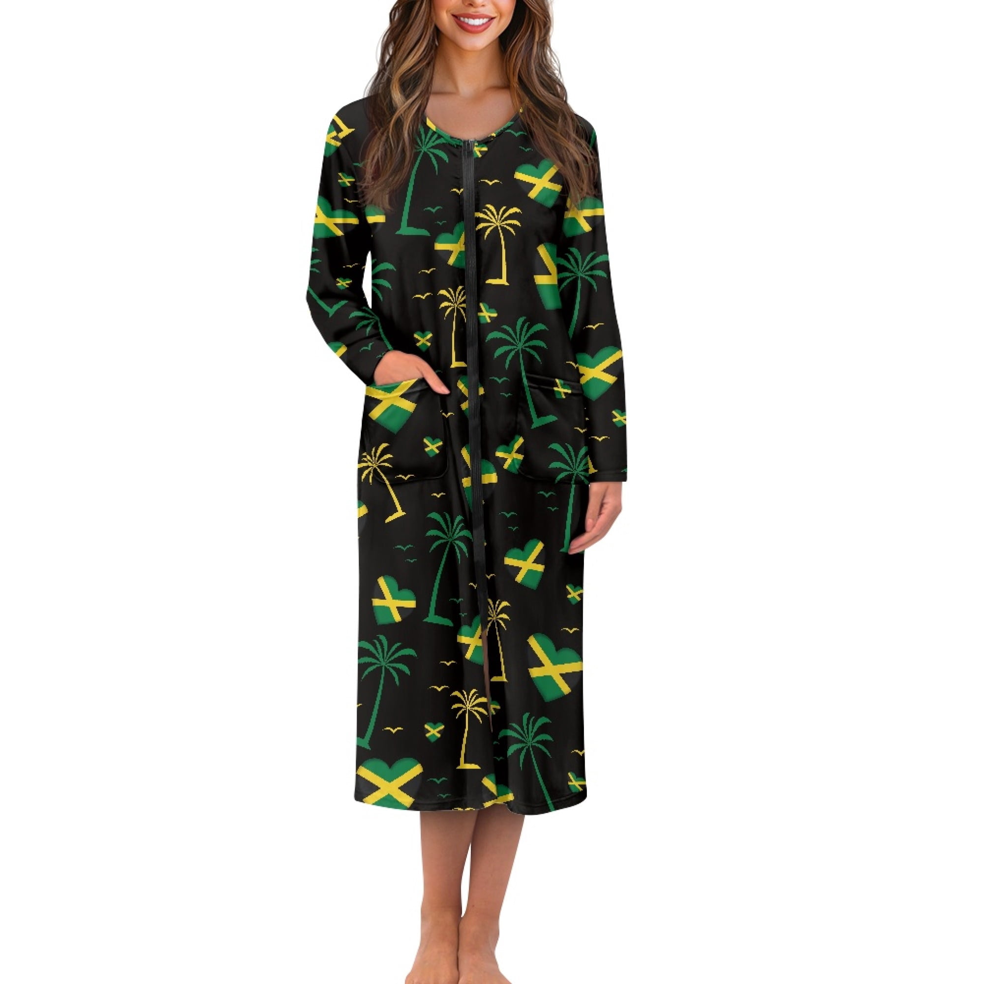 Yuyamidu Jamaican Flag Womens Bathrobe Zipper Front Long Sleeve Robe ...