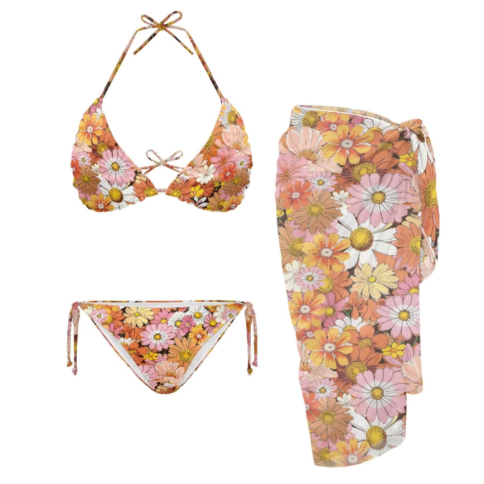 Yuyamidu Orange Hippy Flowers Womens 3pcs Bikini Swimsuits Summer Beach ...