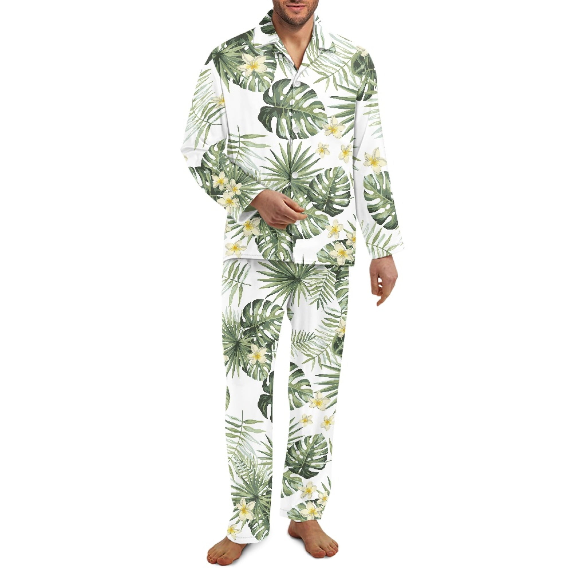 Yuyamidu Palm Leaves Button Pajama for Men Long Sleeve Nightwear ...