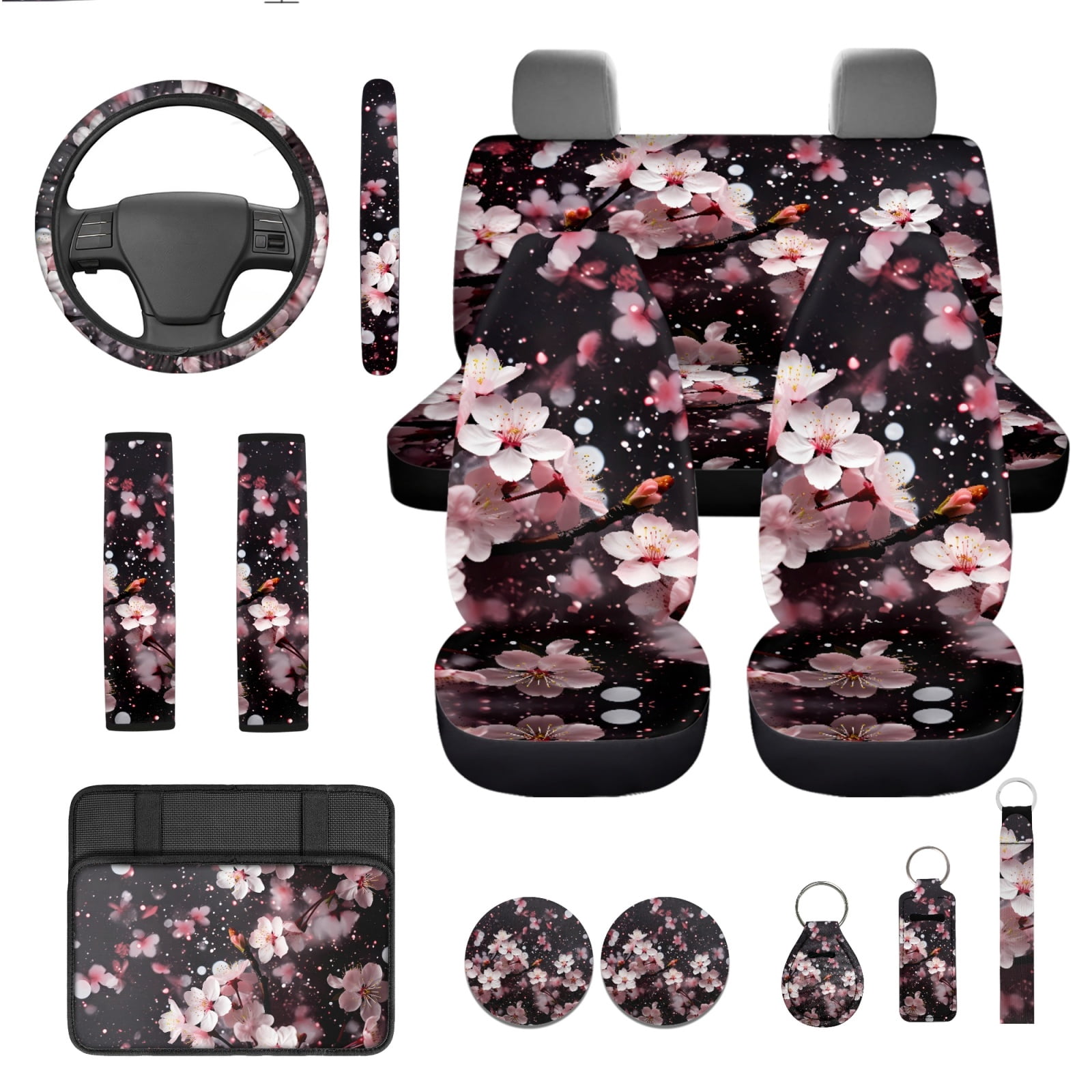 Yuyamidu Pink Chery Blossom Car Seat Covers Set 13pcs Steering Wheel ...