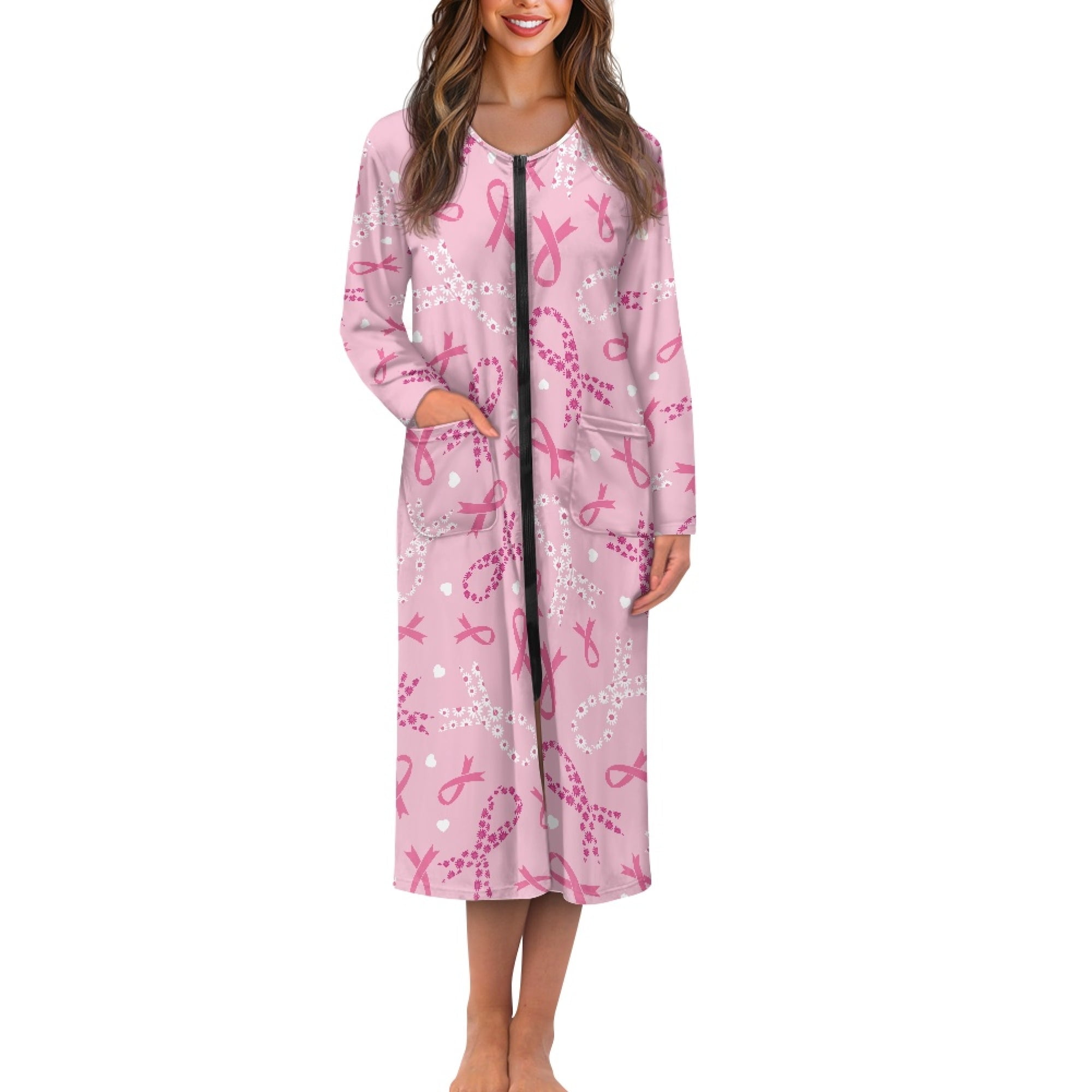 Yuyamidu Pink Ribbon Long Bathrobe for Women Breast Cancer Awareness ...