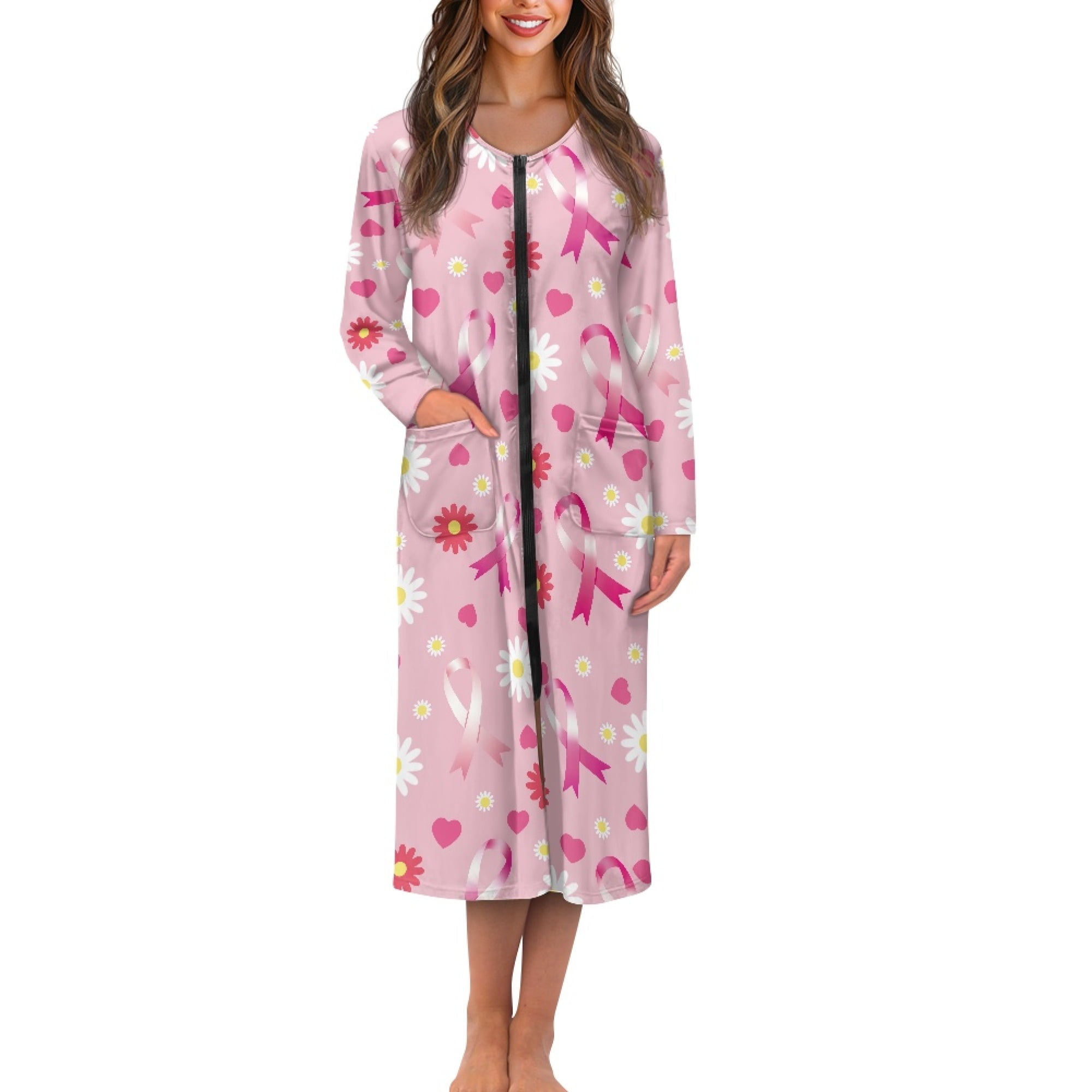 Yuyamidu Pink Ribbon Womens Zipper Robes with Pockets Breast Cancer ...