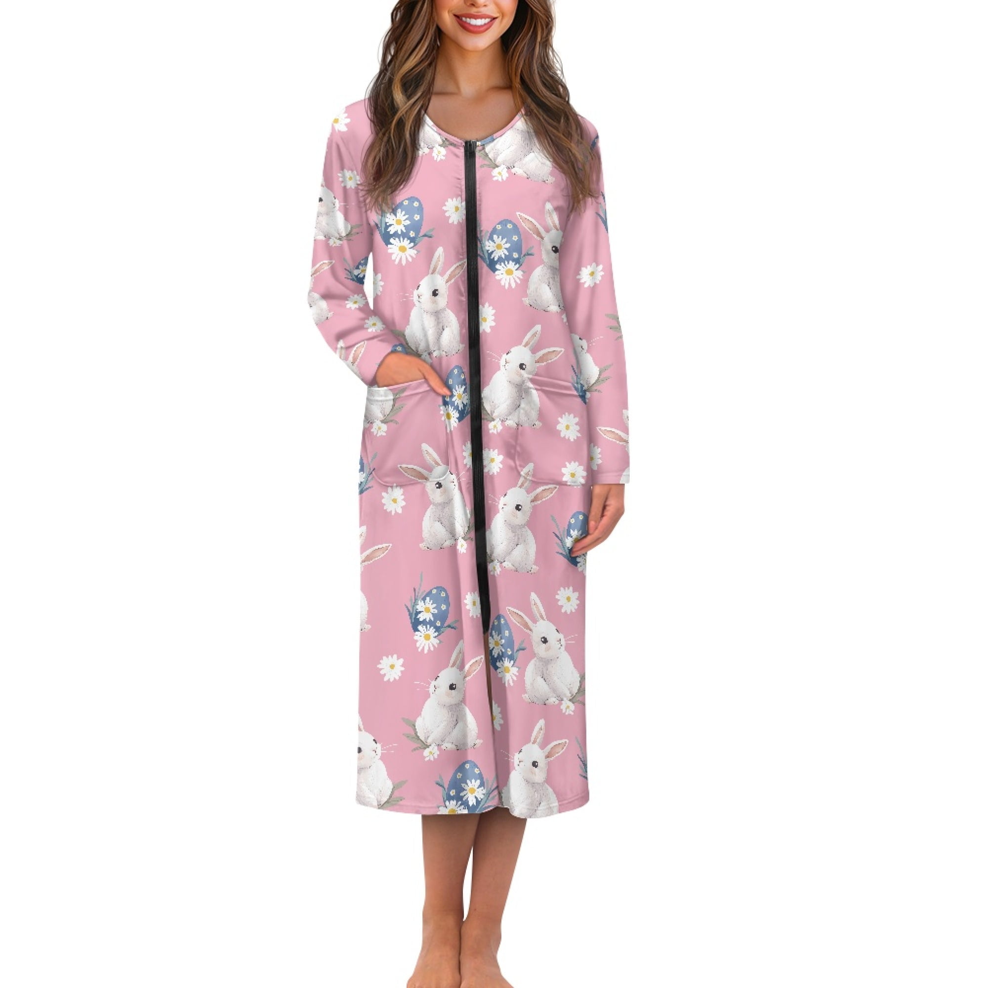 Yuyamidu Rabbit Women's Long Robes Easter Egg Crewneck Bathrobes Pink ...