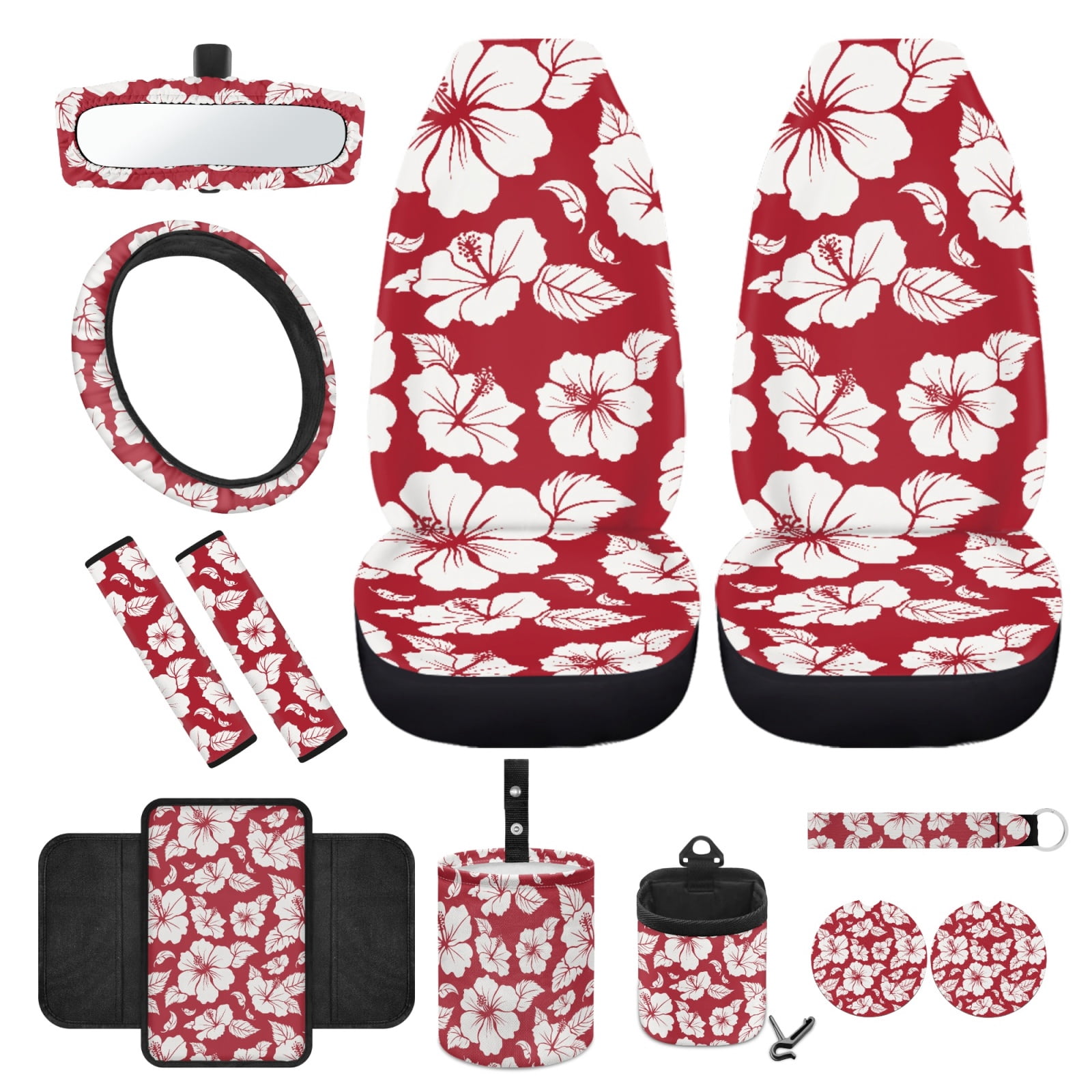 Yuyamidu Red Hibiscus Car Accessories with Front Seat Covers Steering ...