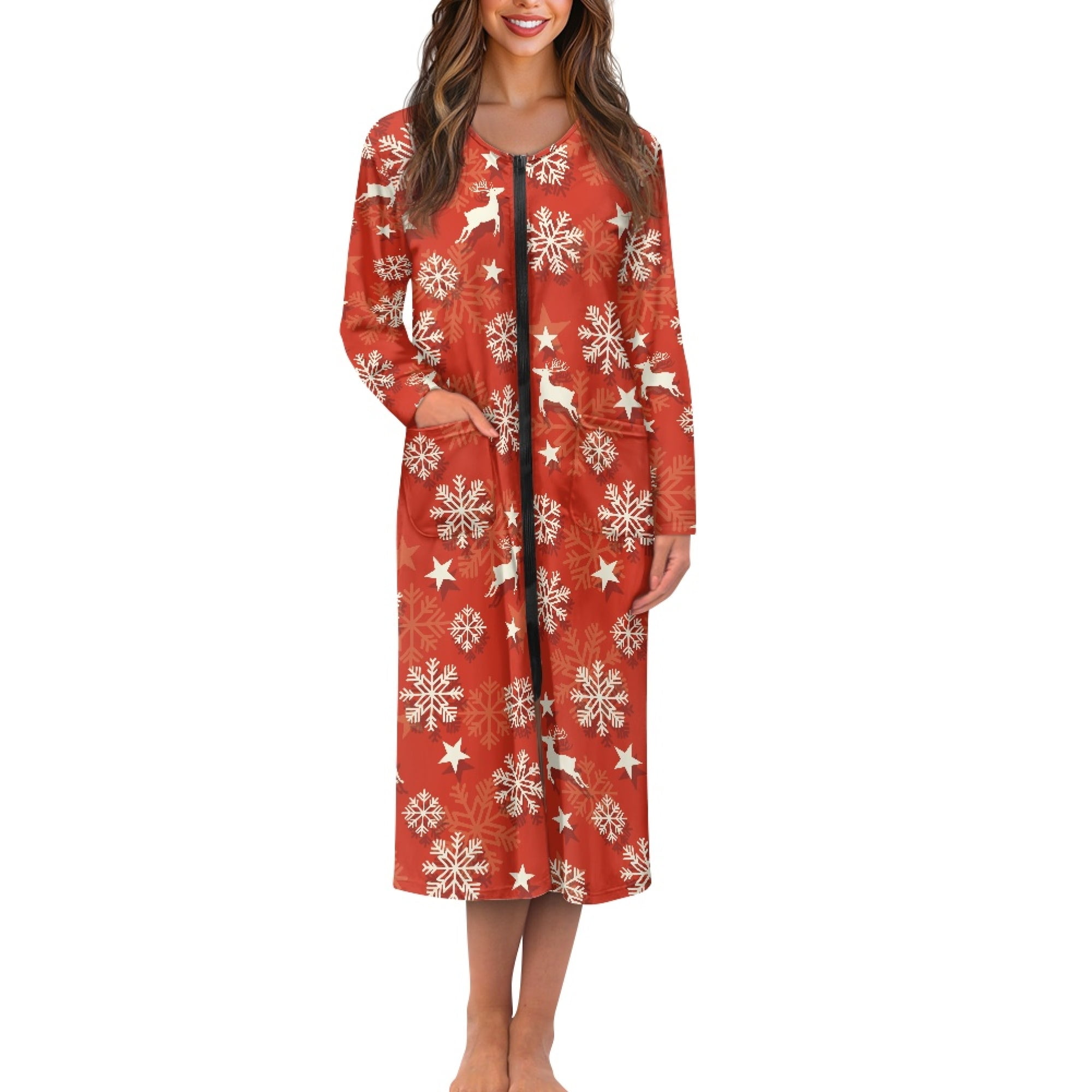 Yuyamidu Reindeer Women Zip Front Robes Snowflake Mid Calf Length ...