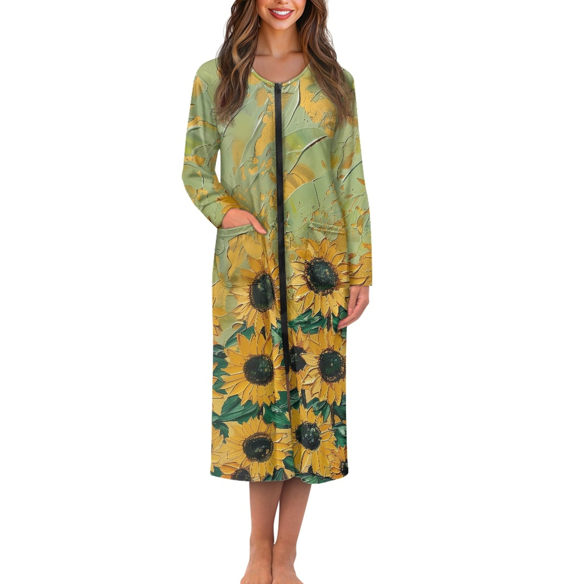 Yuyamidu Retro Sunflower Womens Zipper Robe Long Lightweight Bathrobe ...