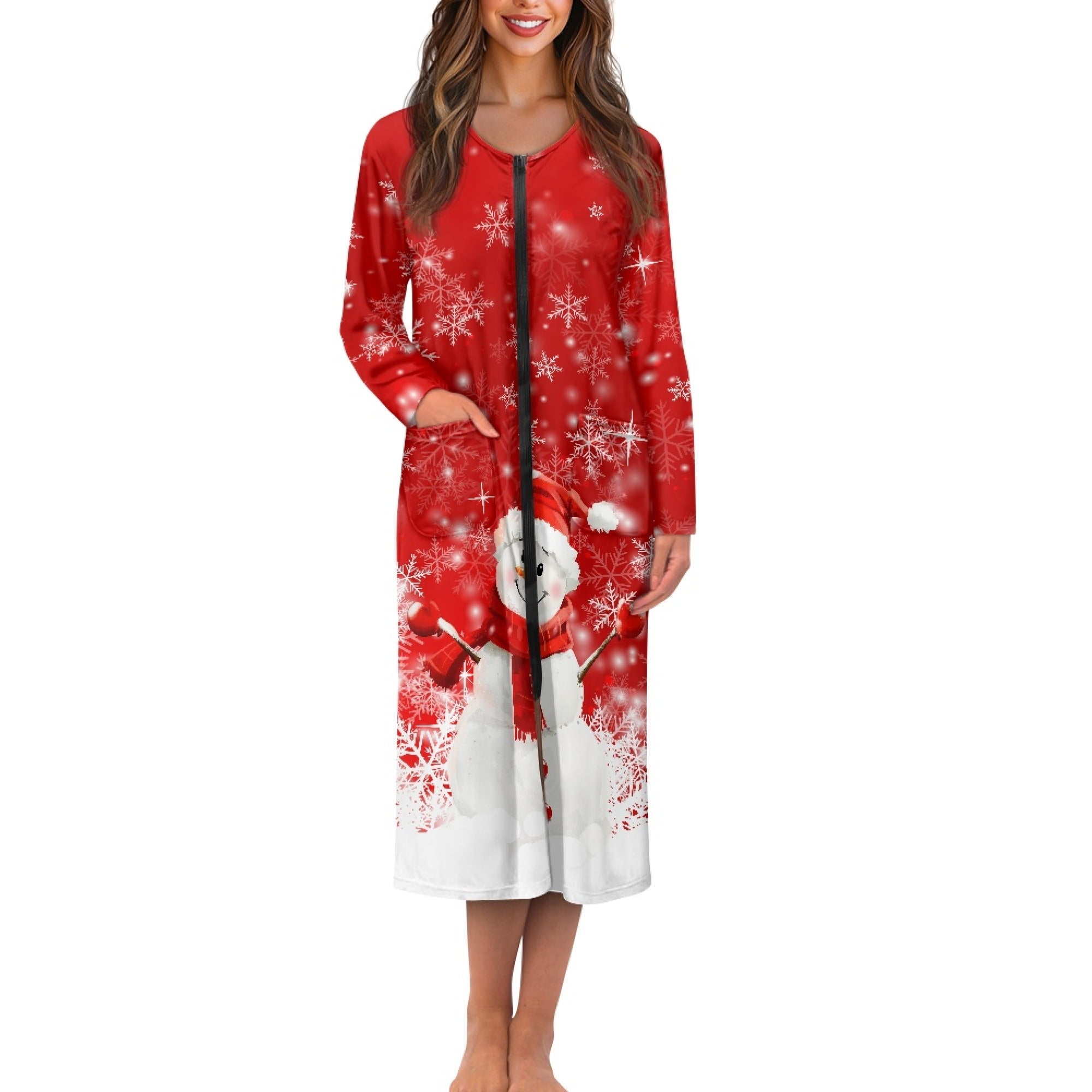 Yuyamidu Snowman Long Robes for Women Mid-Length with Zipper Snowflake ...