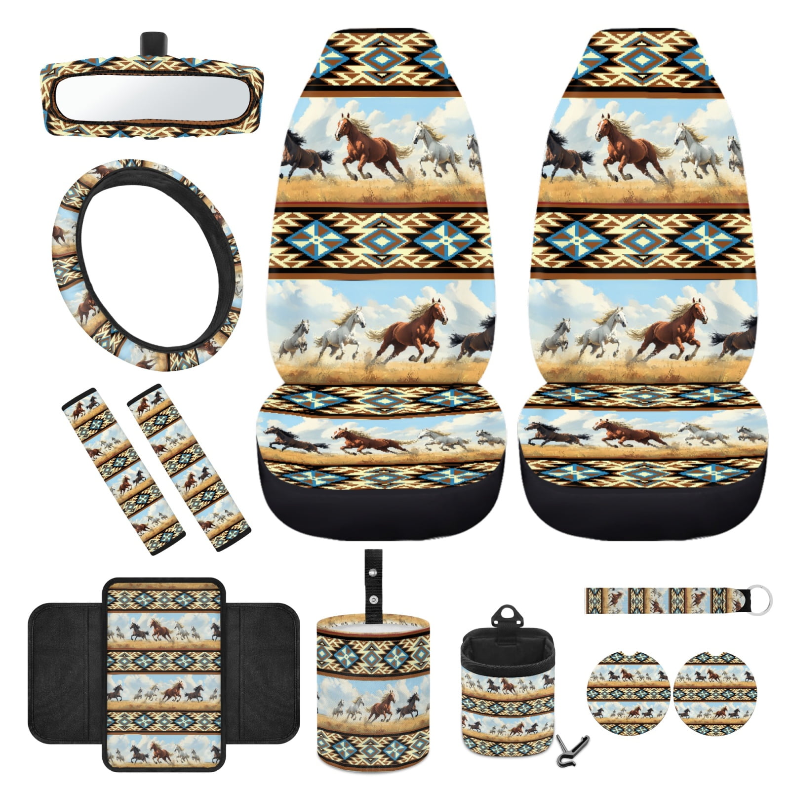 Yuyamidu Southwest Aztec Front Car Seat Cover Set of 12 Horse Steering ...