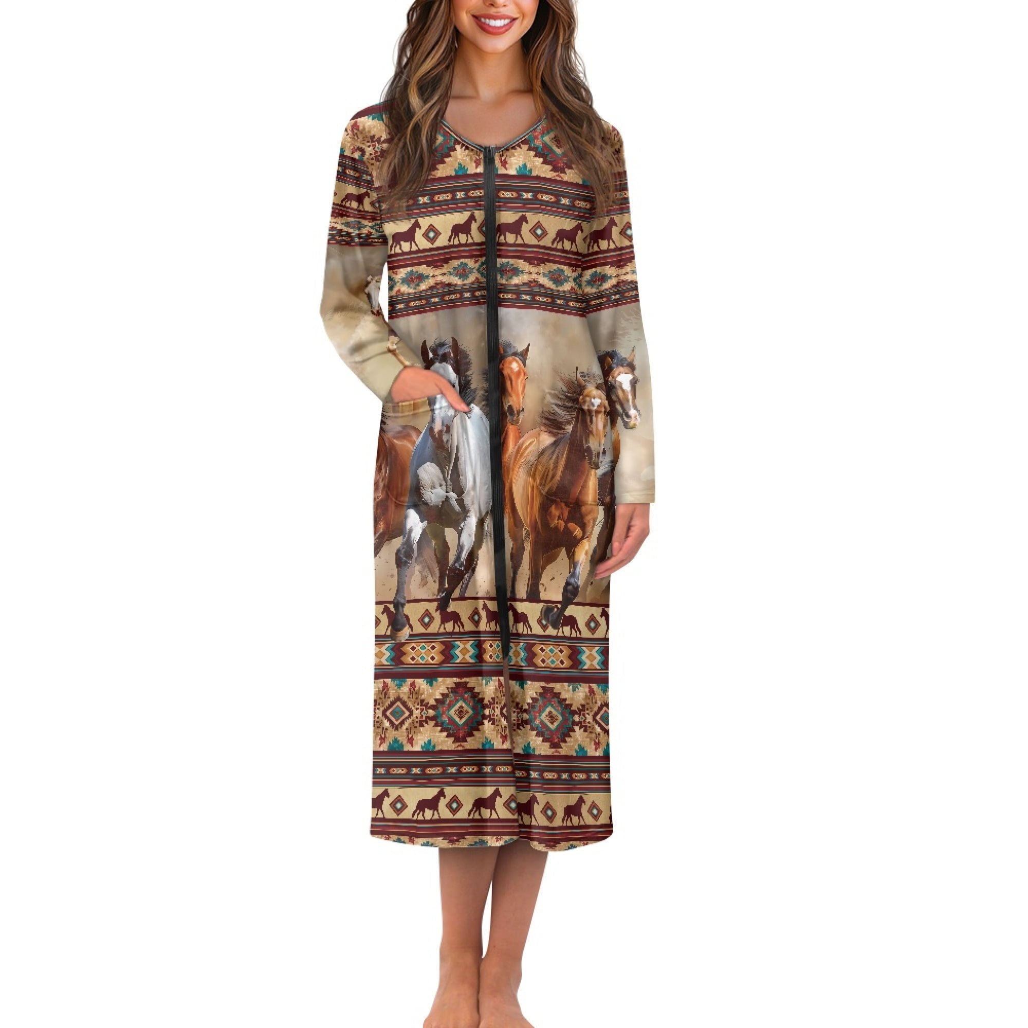 Yuyamidu Southwest Aztec Horse Womens Robes Lightweight Zipper Front ...