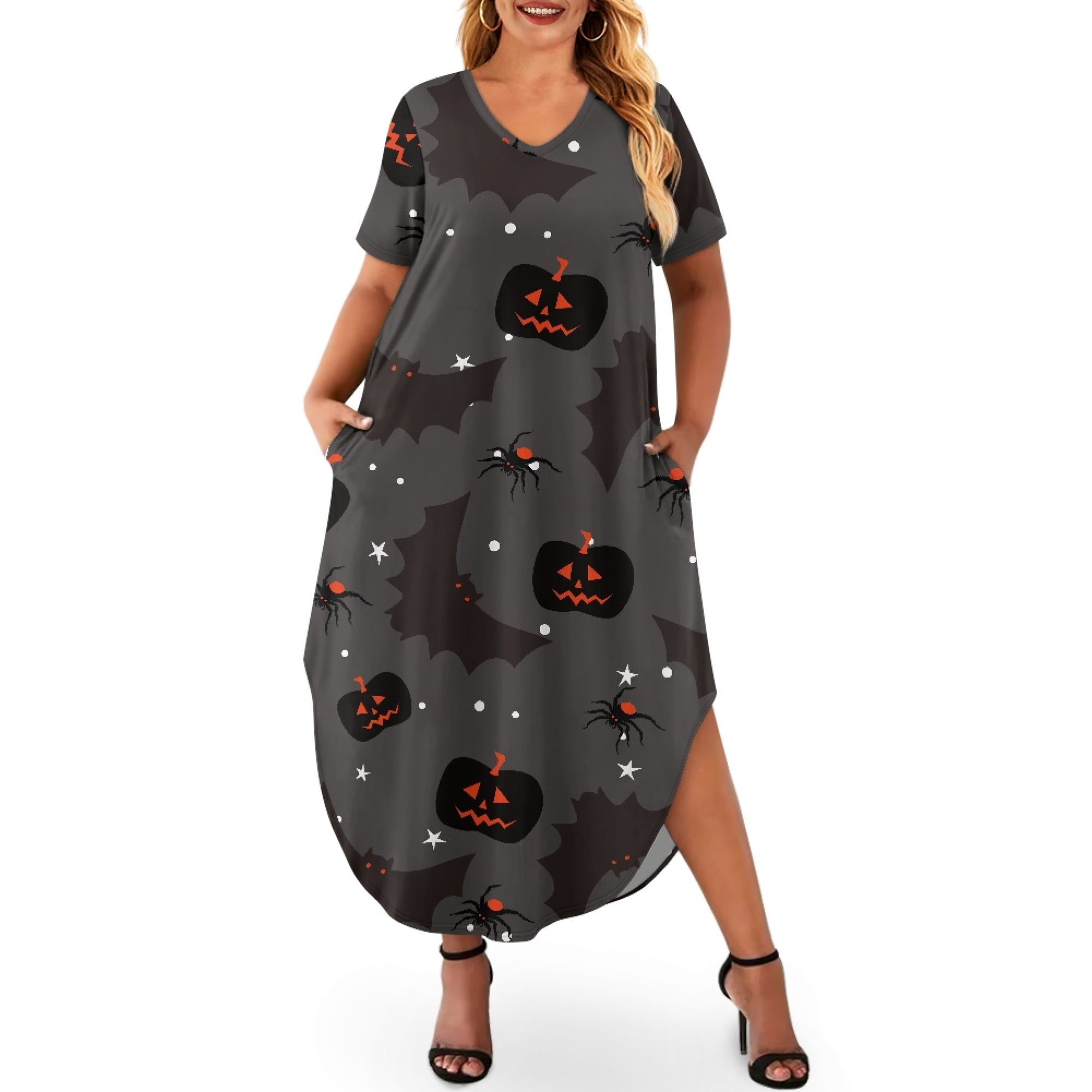 Yuyamidu Spooky Pumpkin Long Plus Size Dresses for Curvy Women Bat V ...