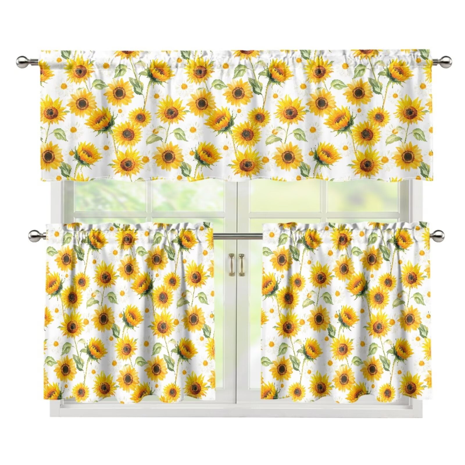 Yuyamidu Sunflower Print Kitchen Curtain Valance and Tiers 3 Panel Set ...