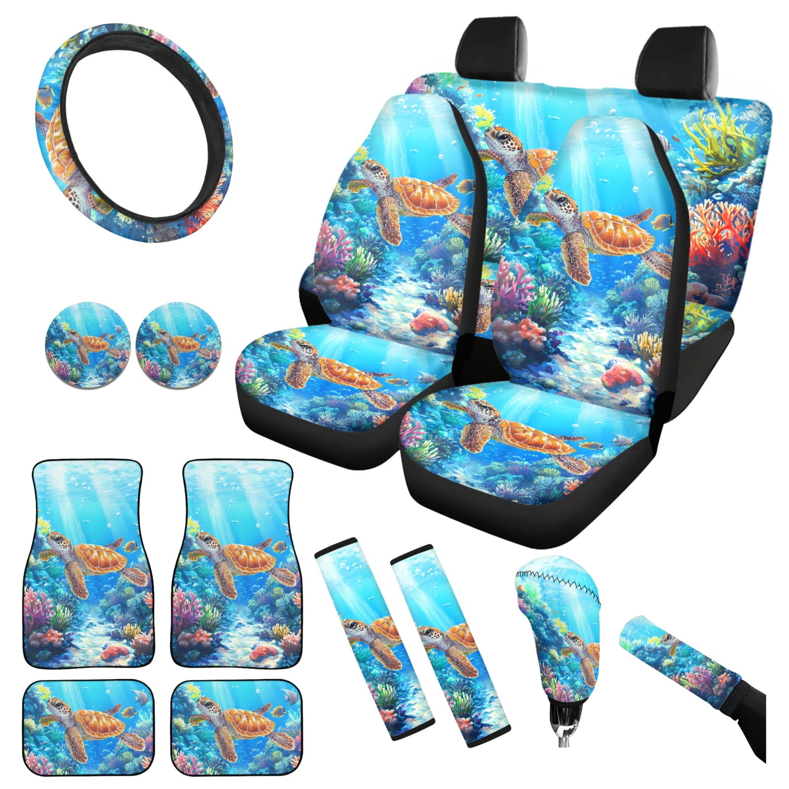 Yuyamidu Turtle Auto Seat Covers and Floor Mats Blue Steering Wheel ...