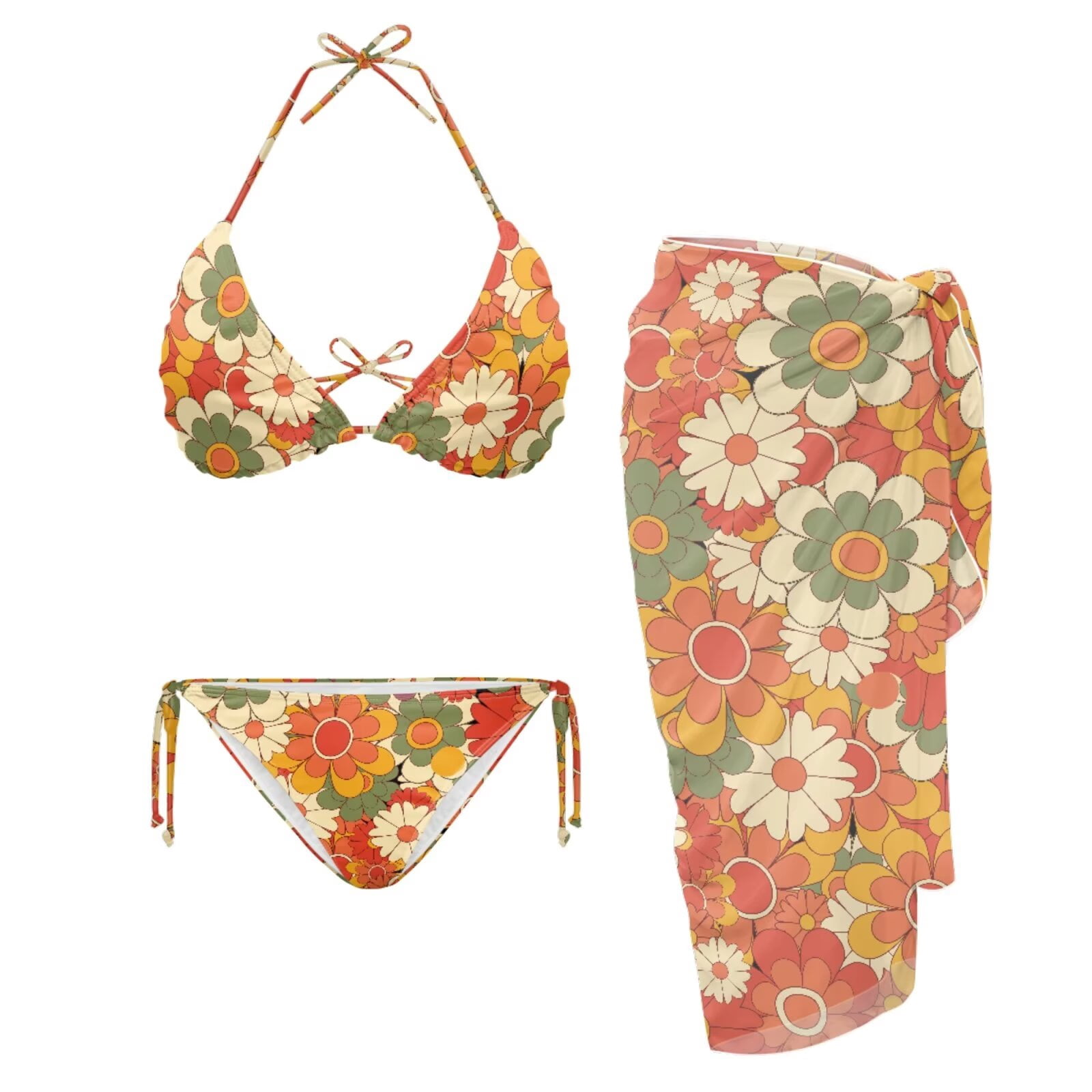 Yuyamidu Women's 3 Piece Bikini Set Orange Hippie FlowerHalter Top Side ...