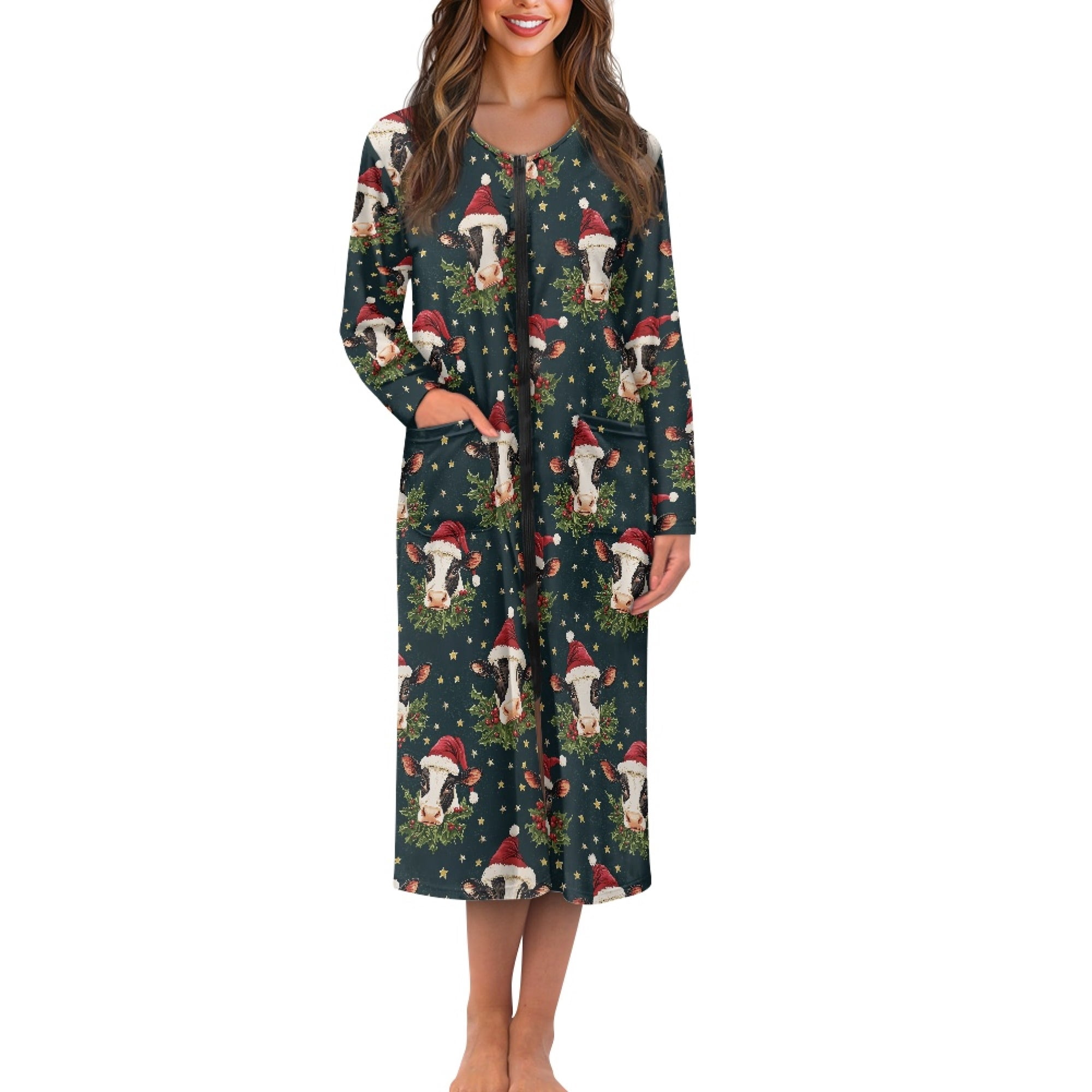 Yuyamidu Xmas Cow Long Bath Robe for Adult Women Christmas Zipper Up ...