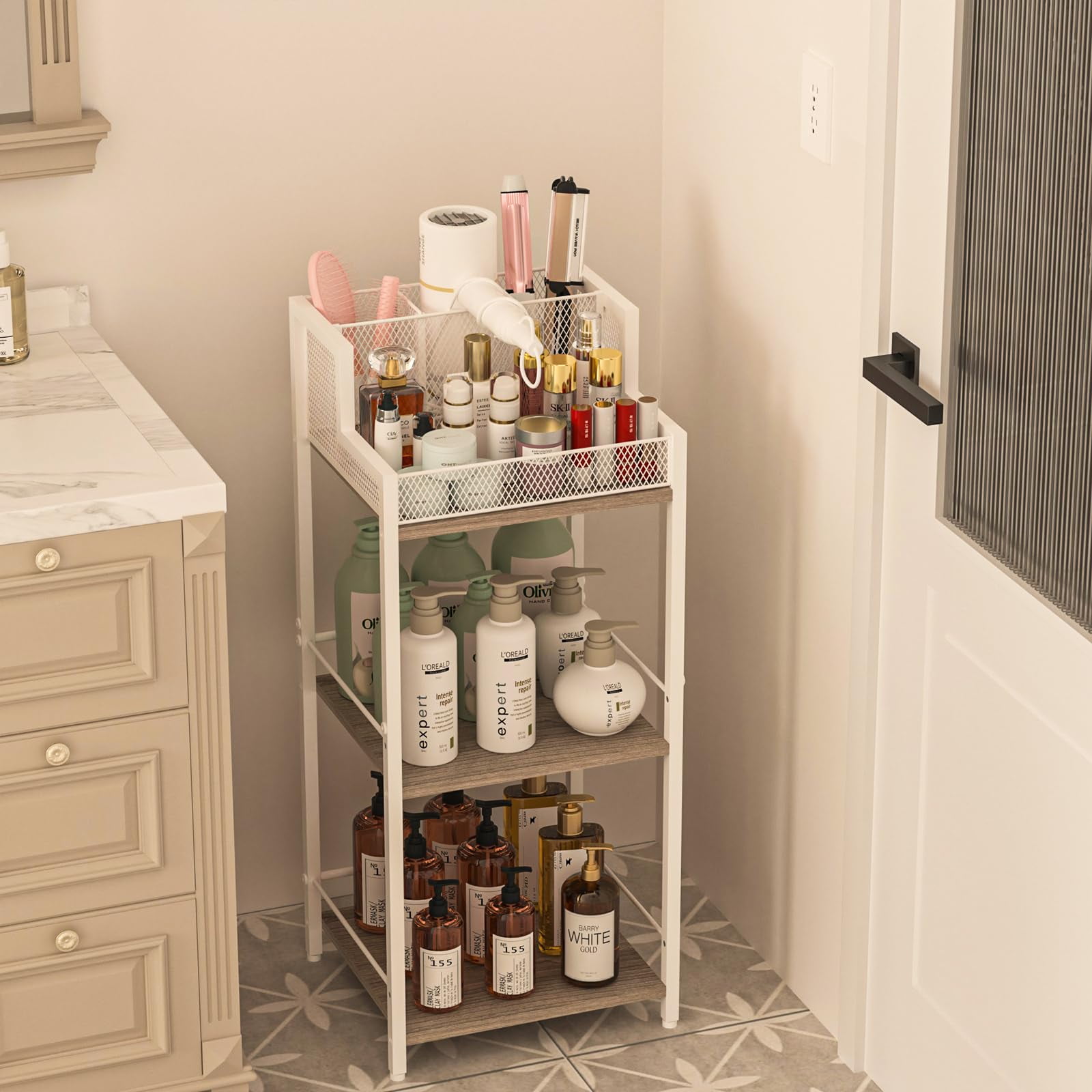 Yuyetuyo Hair tool organizer with 3 Removable Compartments Freestanding, Bathroom Shelf Sturdy ...