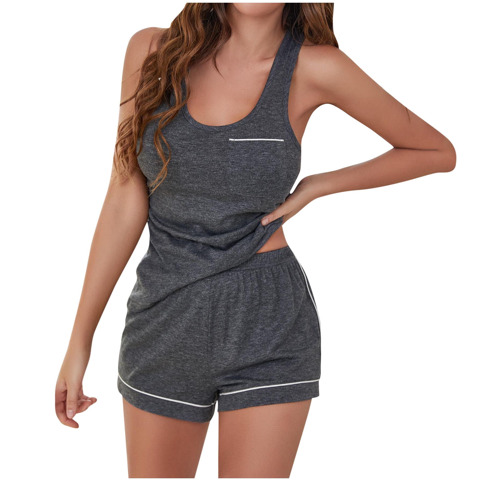 XuJwPNcy 2 Piece Pjs Sets for Women Scoop Neck Sleeveless Tank Top with ...