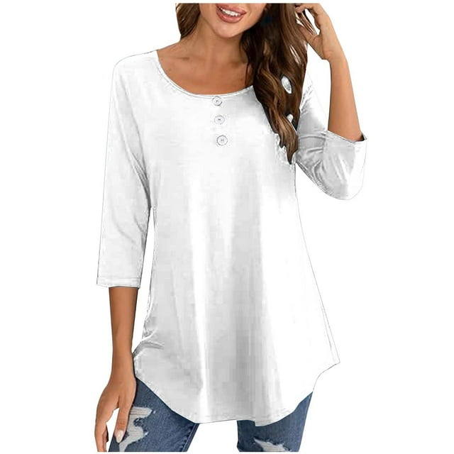 Yuzhih 3/4 Length Sleeve Womens Tops Button up Crew Neck Summer Tunic Tops Solid Color Basic ...