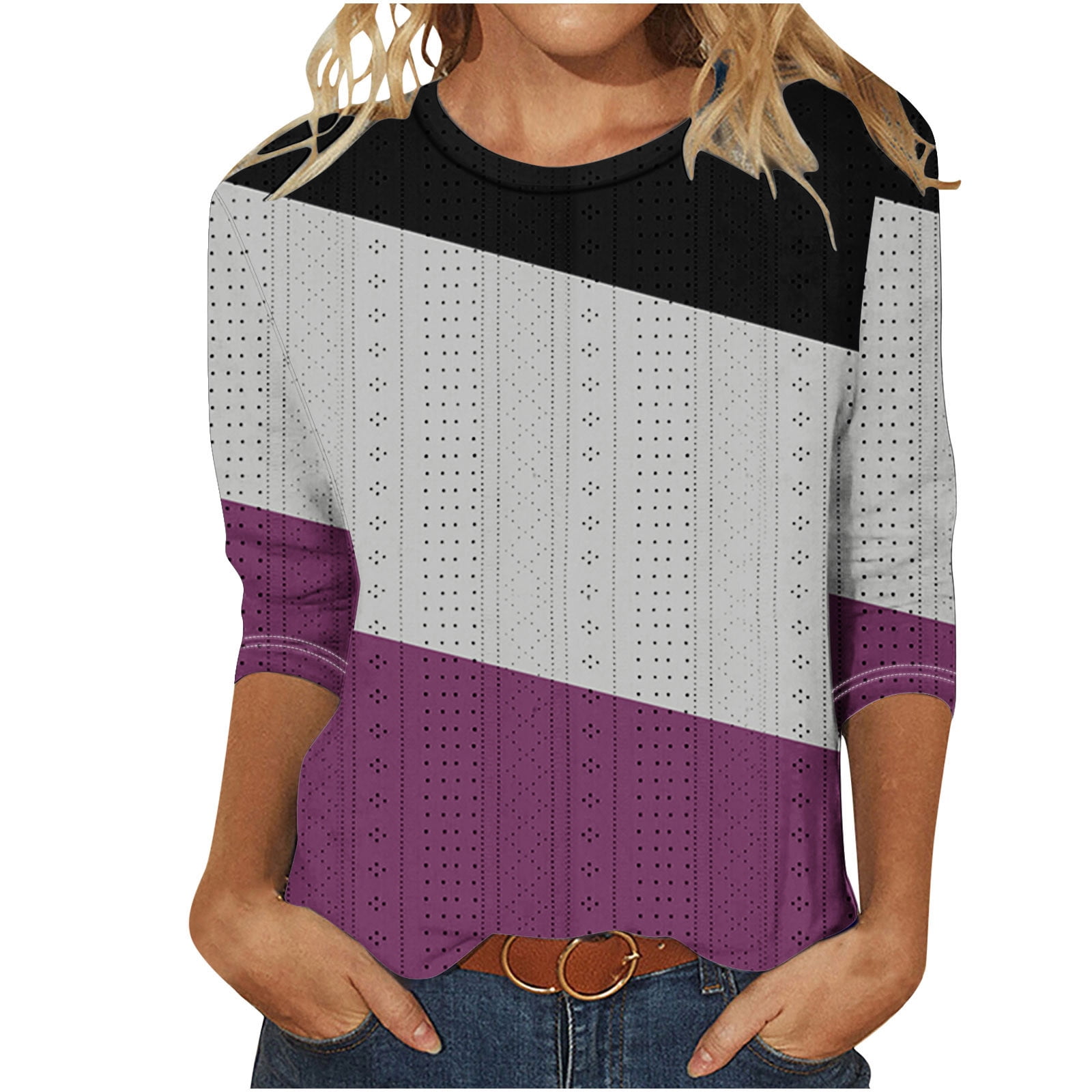 XuJwPNcy 3/4 Length Sleeve Womens Tops Casual Loose Crew Neck Hollow ...