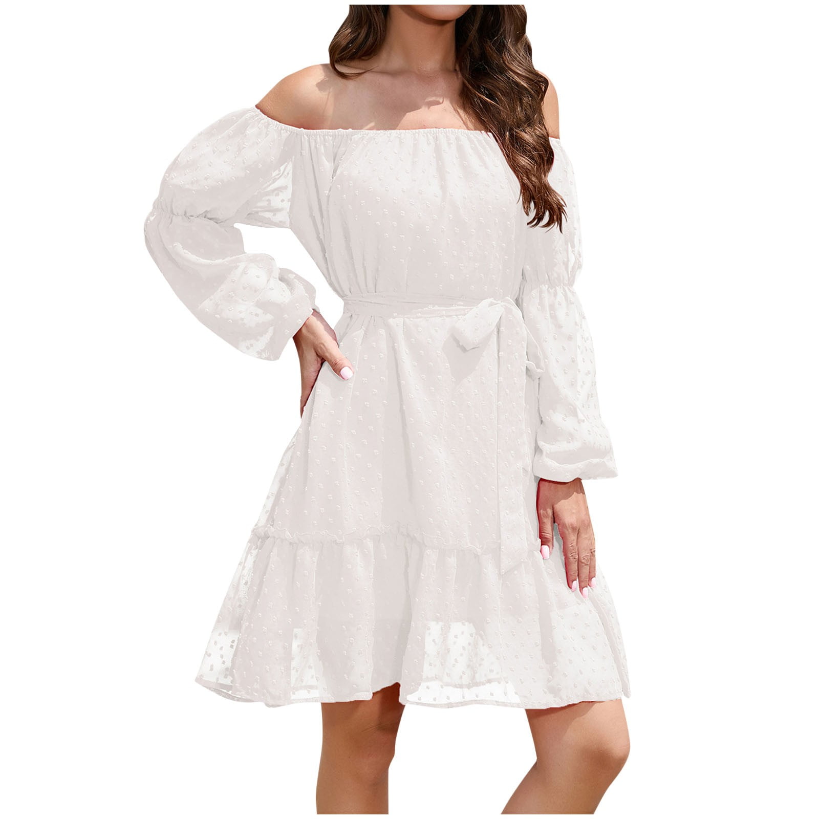 Yuzhih Boho Dresses for Women 2025 Cold Shoulder Long Puff Sleeve Dress ...