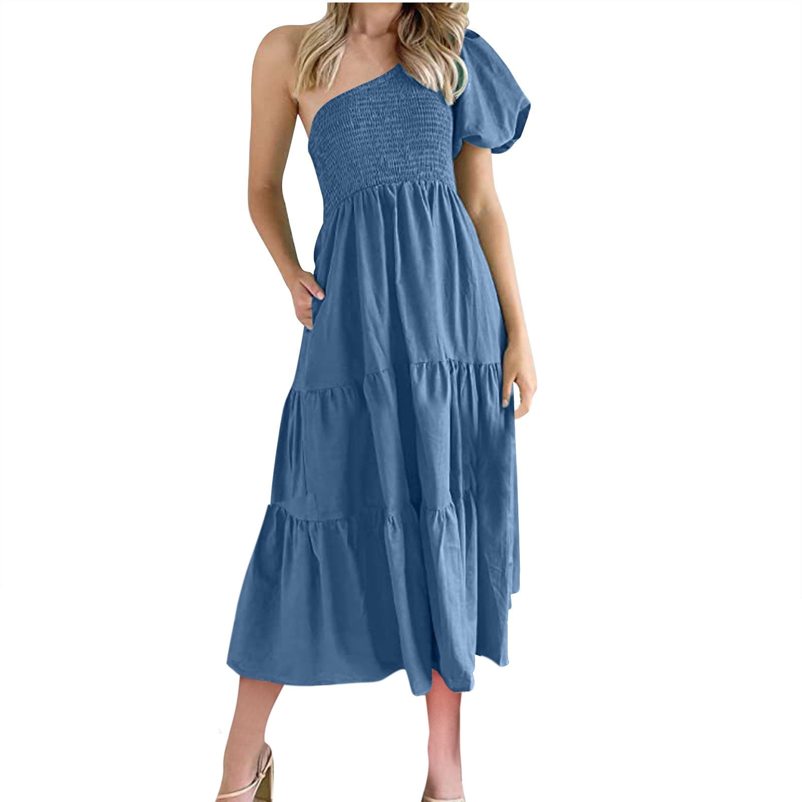 Yuzhih Boho Dresses for Women One-Shoulder Smocked Midi Dress Short ...