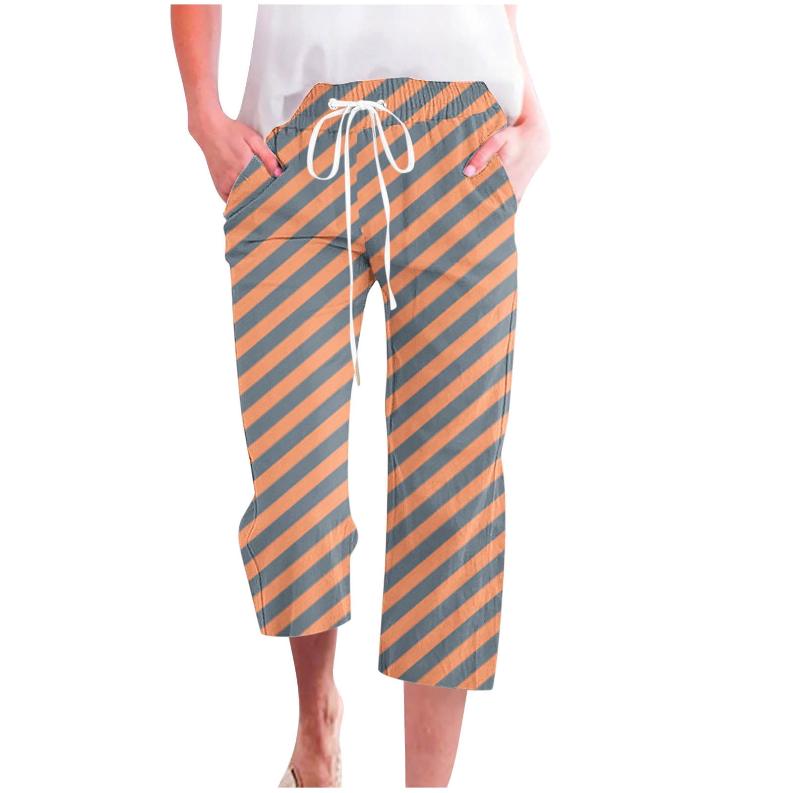 Yuzhih Capri Pants for Women Summer Striped Print Straight Leg Pants ...