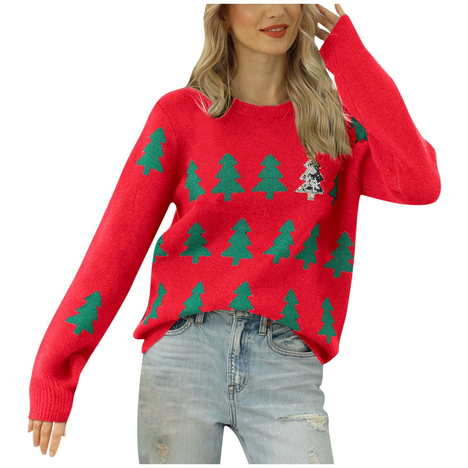 Yuzhih Christmas Sweater for Women Christmas Tree Graphic Long Sleeve ...